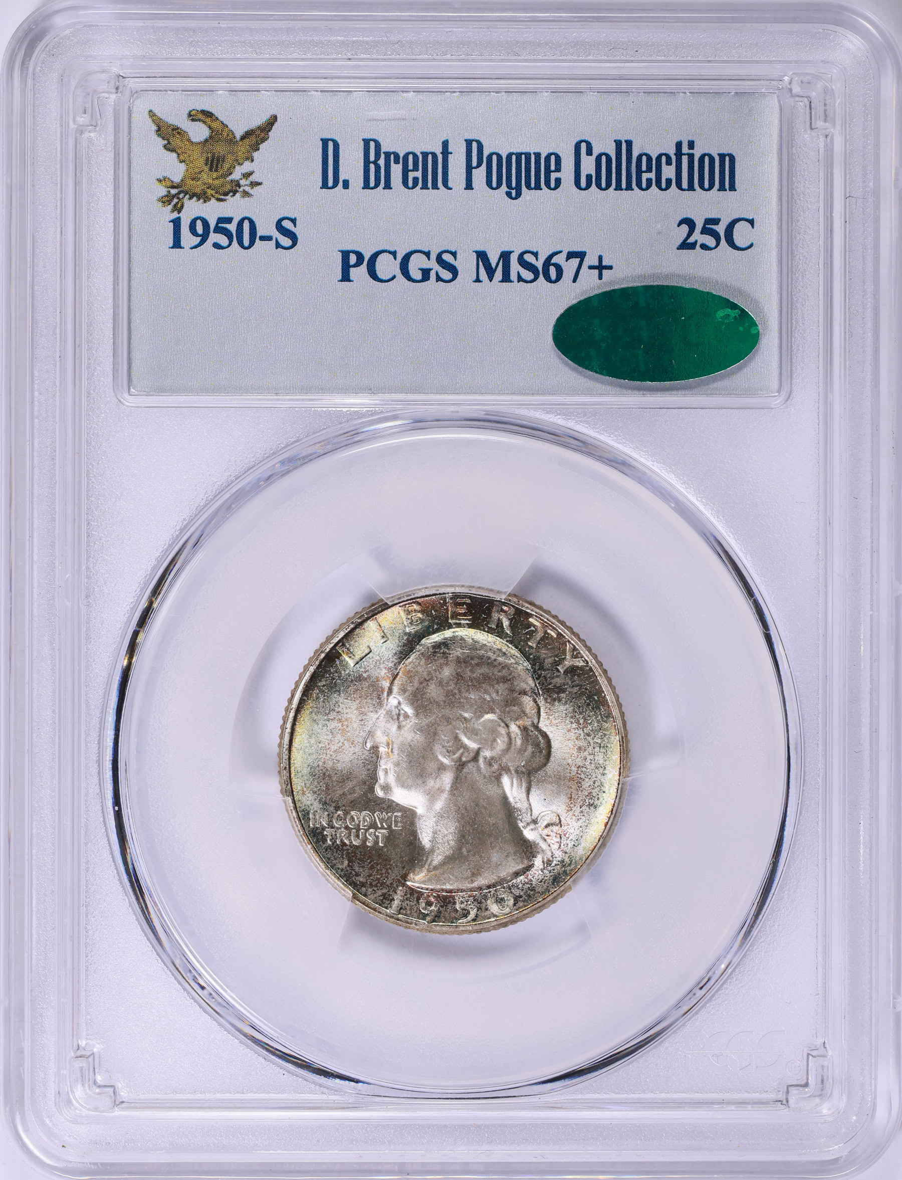 1950-S Washington Quarter PCGS MS-67+ (CAC Green) (Toned) (D. Brent Pogue Collection) (Item ...