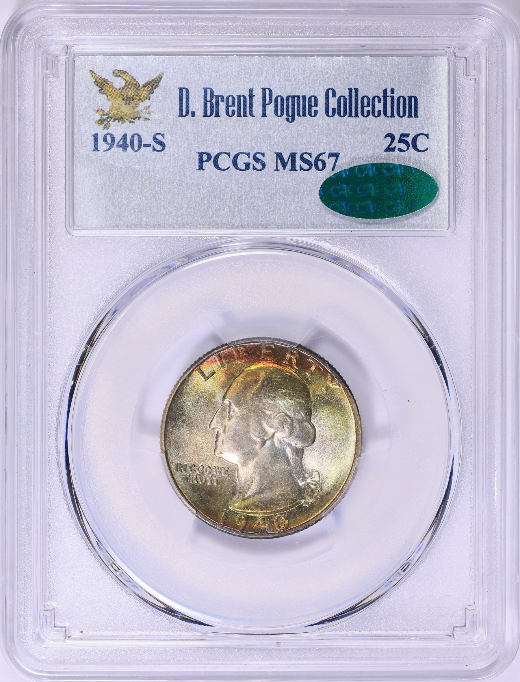 1940-S Washington Quarter PCGS MS-67 (CAC Green) (Toned) (D. Brent ...