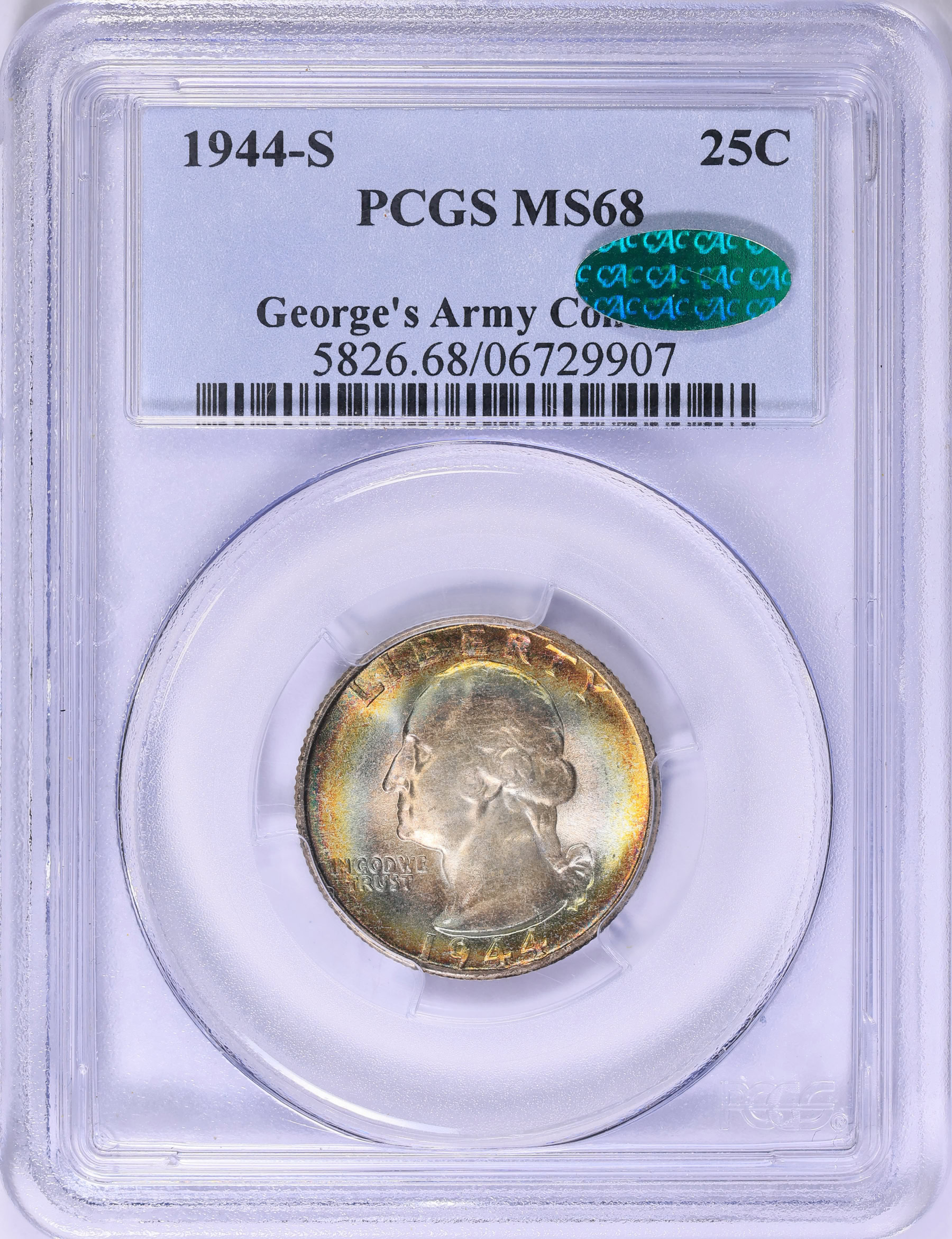 1944-S Washington Quarter PCGS MS-68 (CAC Green) (Toned) (George's Army Collection) (Item ...