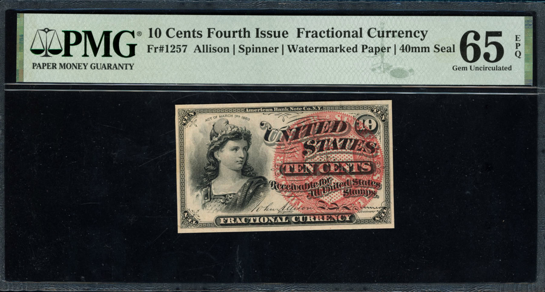 Fr. 1257 Fourth Issue 10 Cents Fractional Currency Note Allison ...