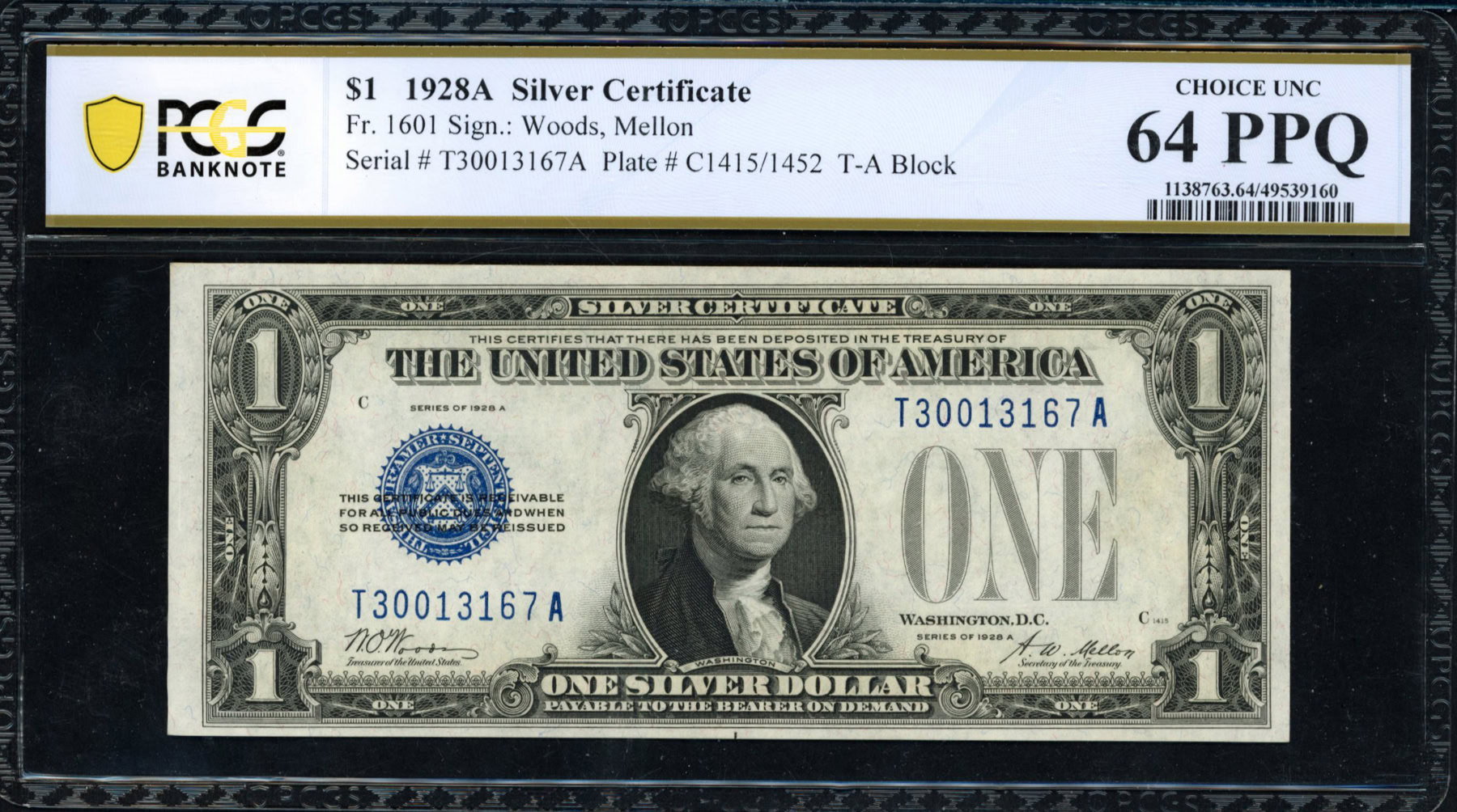Fr. 1601 (TA Block) 1928A $1 Silver Certificate Note Woods / Mellon ...