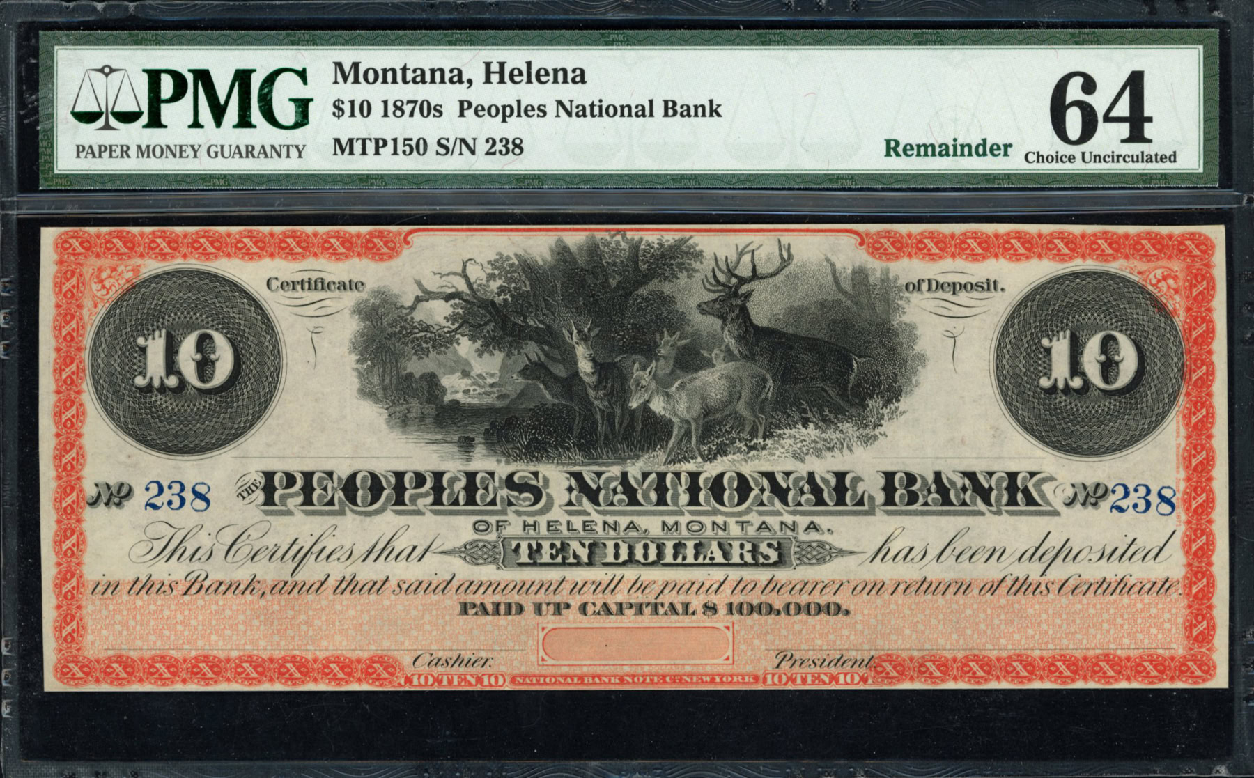 1870s Helena, Montana Peoples National Bank $10 Remainder Note PMG ...