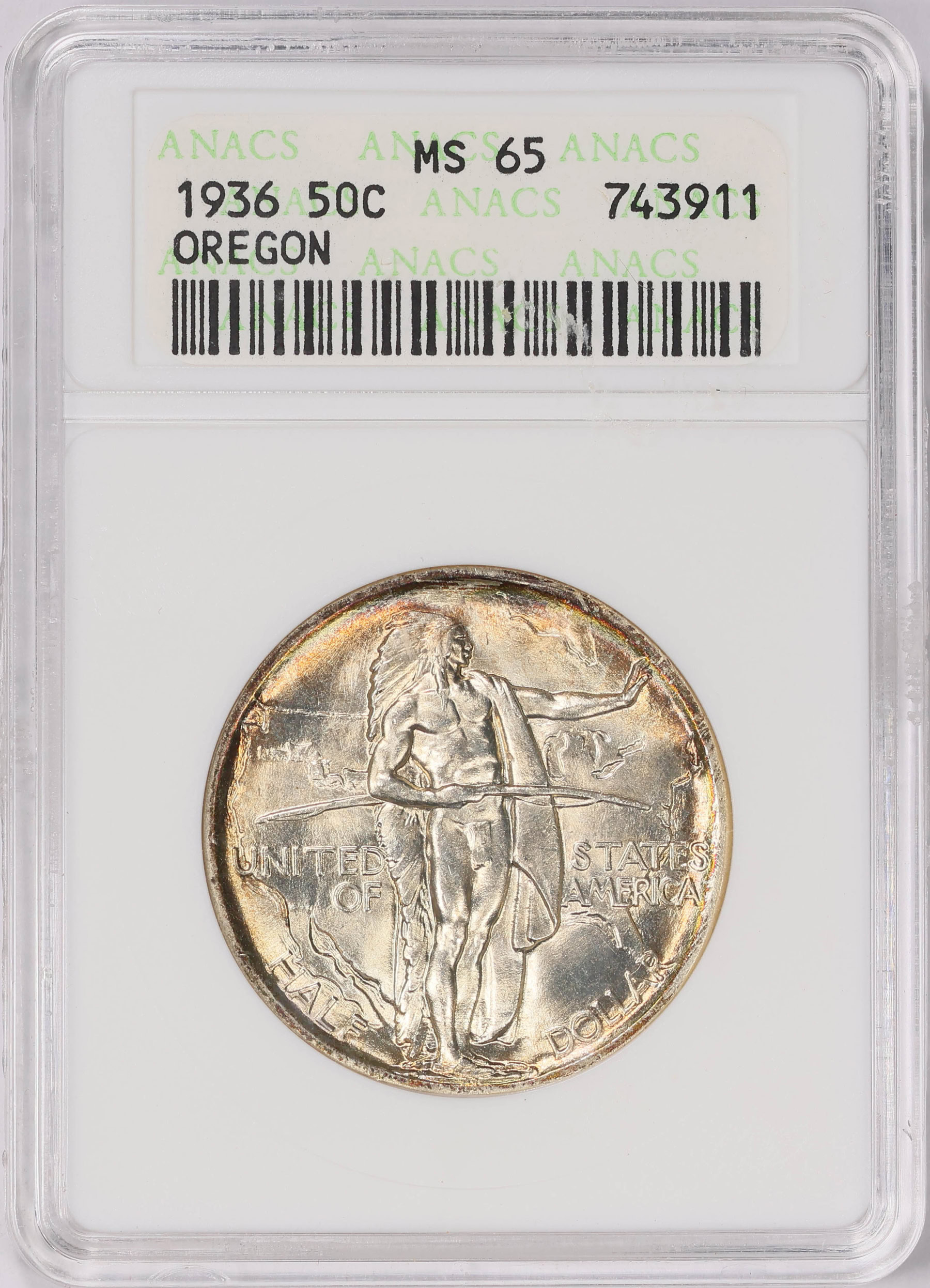 1936 Oregon Trail Memorial Half Dollar ANACS MS-65 OH (Toned) (Item 1835803) | GreatCollections ...