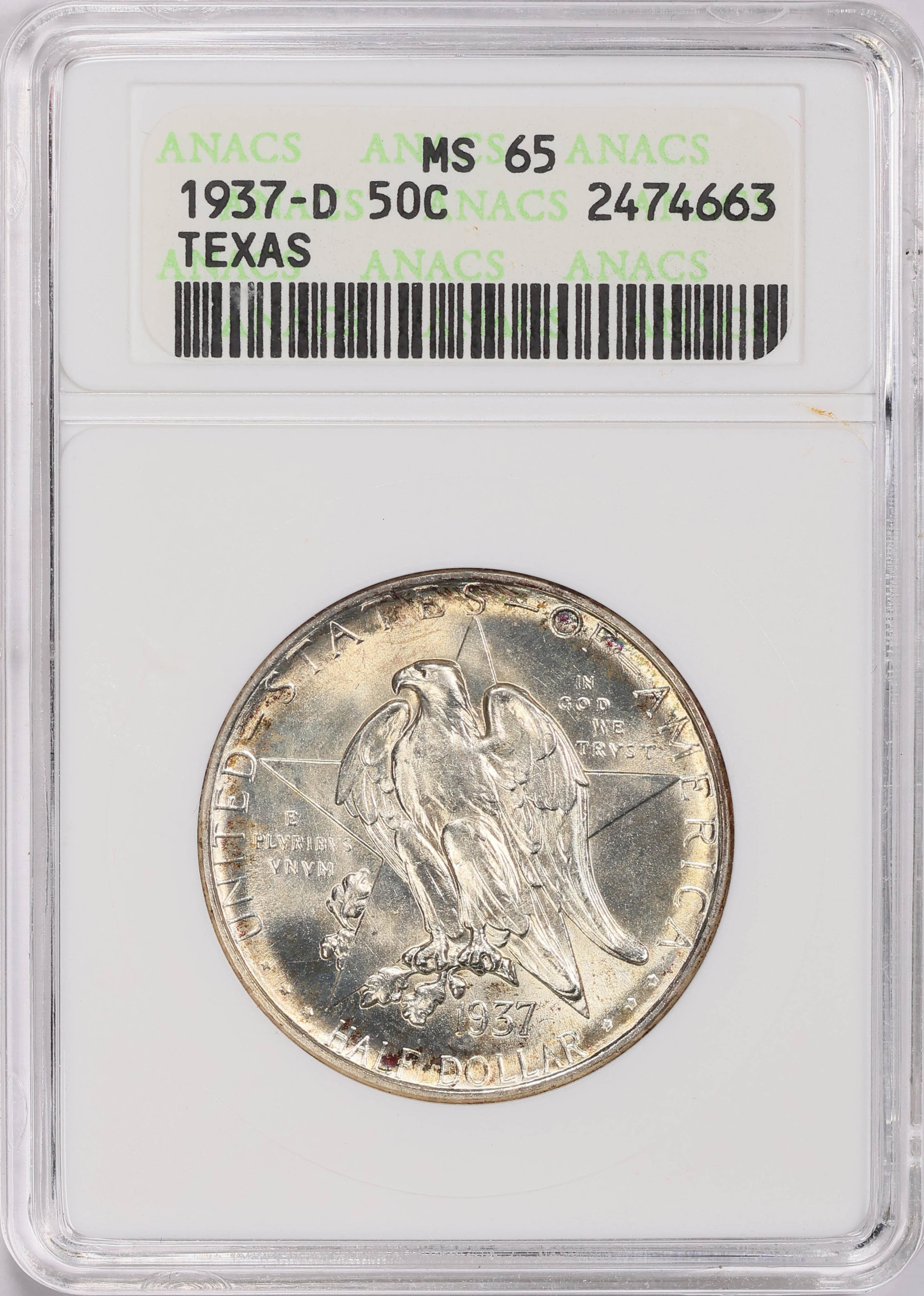 1937-D Texas Centennial Half Dollar ANACS MS-65 OH (Item 1835804) | GreatCollections Coin Auctions