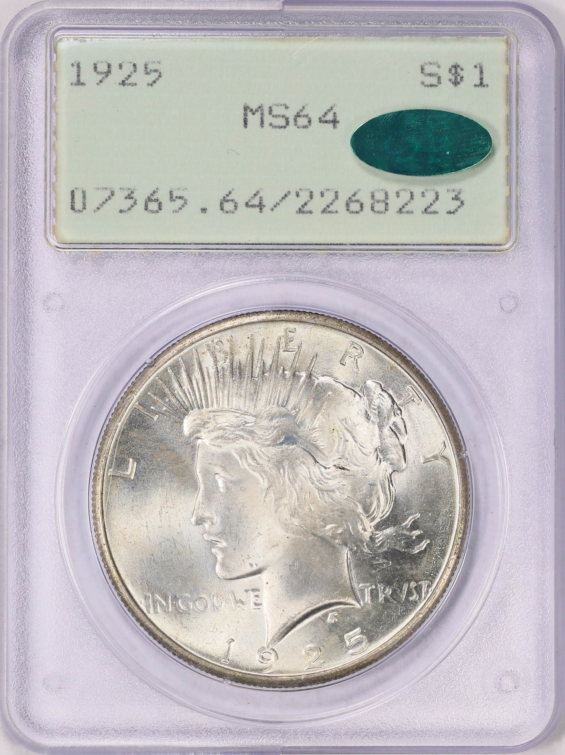 1925 Peace Silver Dollar PCGS MS-64 (CAC Green) OGH (1st Gen) (Item ...