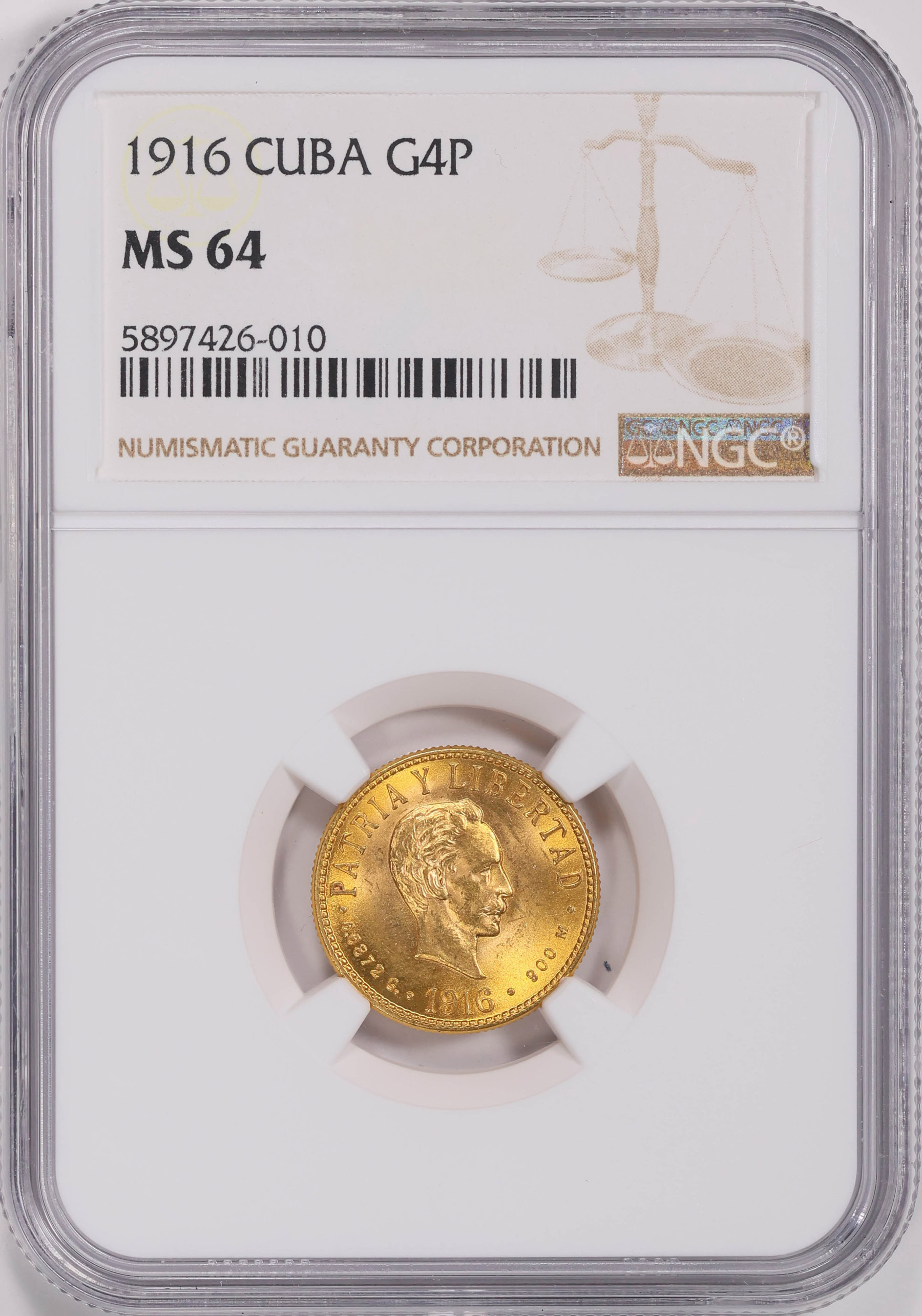 Cuba 1916 Gold 4 Pesos KM-18 NGC MS-64 (AGW = 0.1935 oz.) (Item 1835915 ...