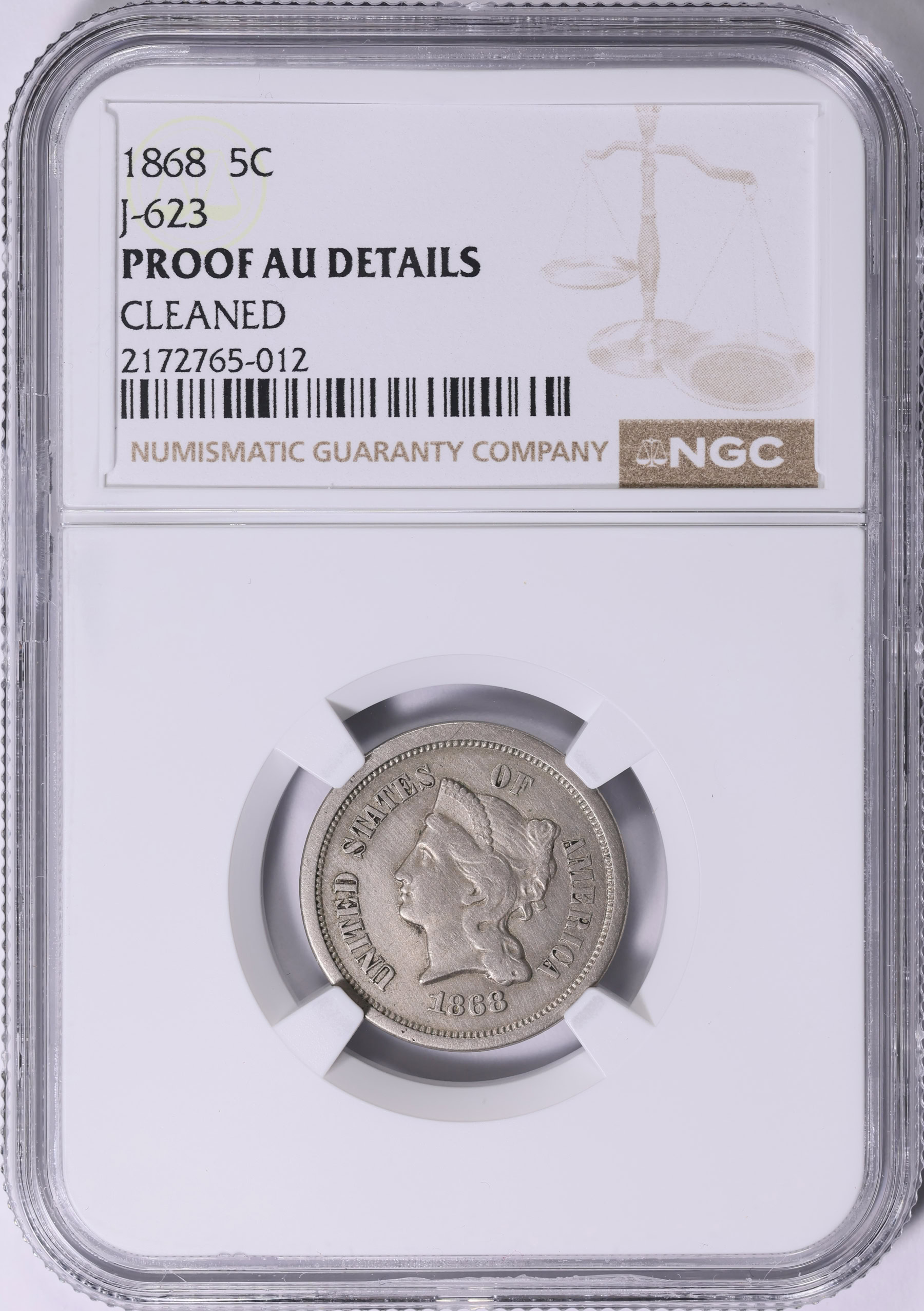 Pattern 1868 5c J-623 NGC Proof AU Details (Item 1836038) | GreatCollections Coin Auctions