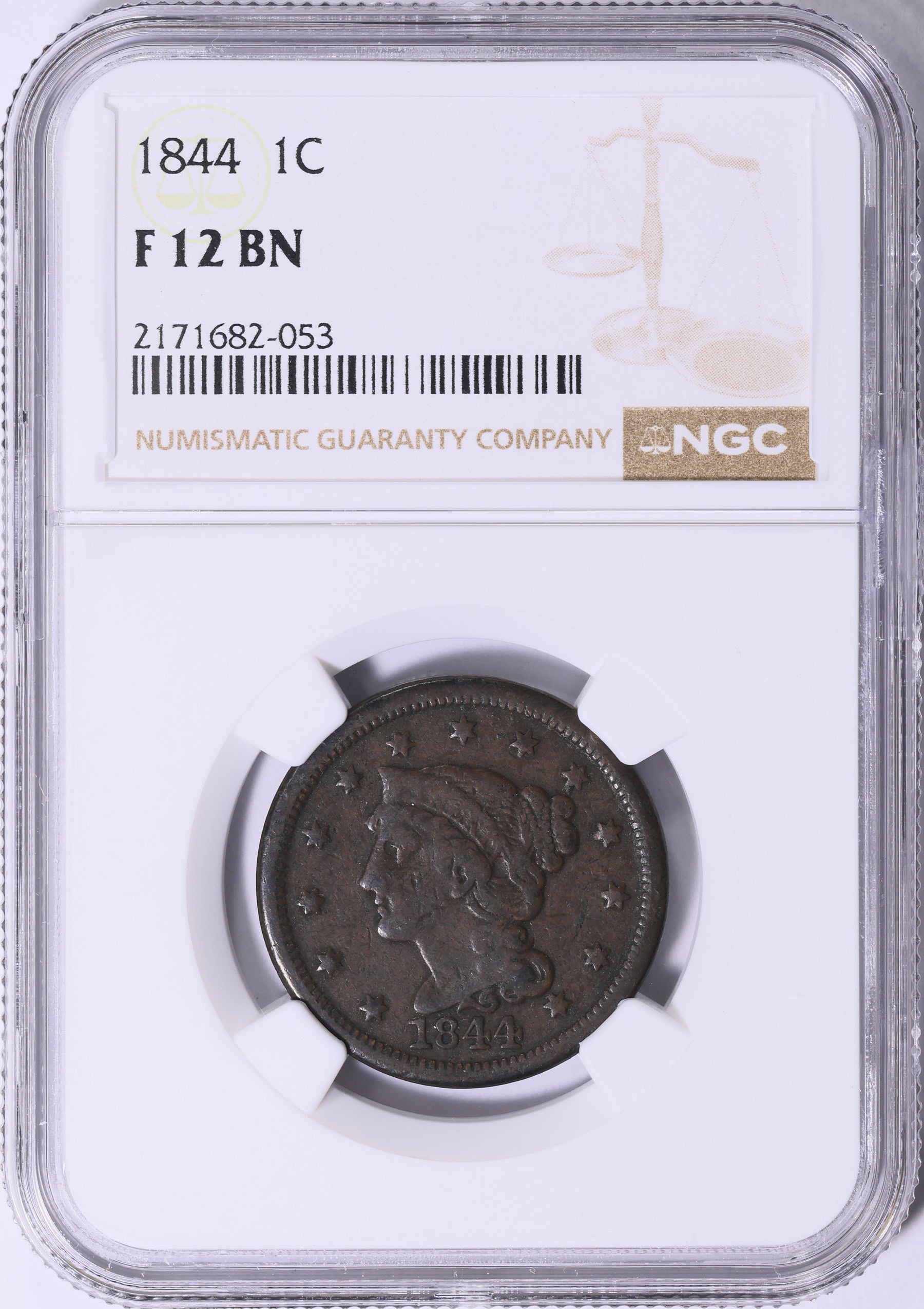 1844 Braided Hair Cent NGC F-12 BN (Item 1836070) | GreatCollections Coin Auctions