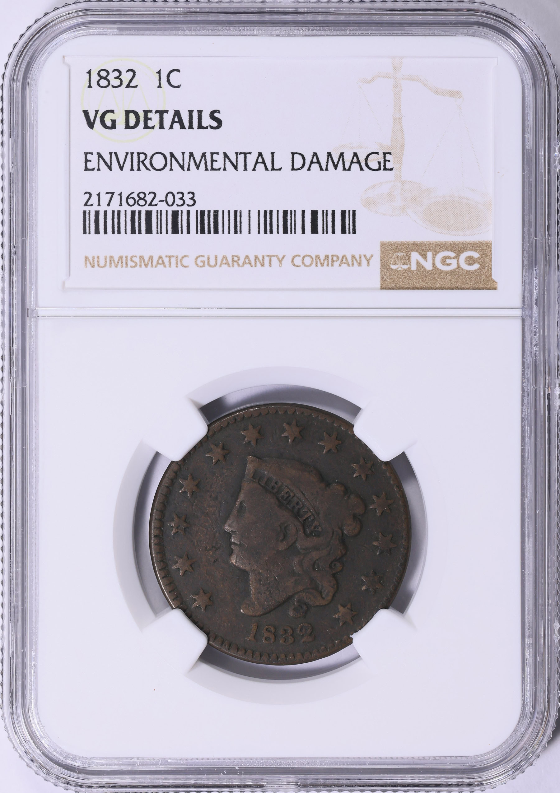 1832 Matron Cent NGC VG Details (Item 1836079) | GreatCollections Coin ...