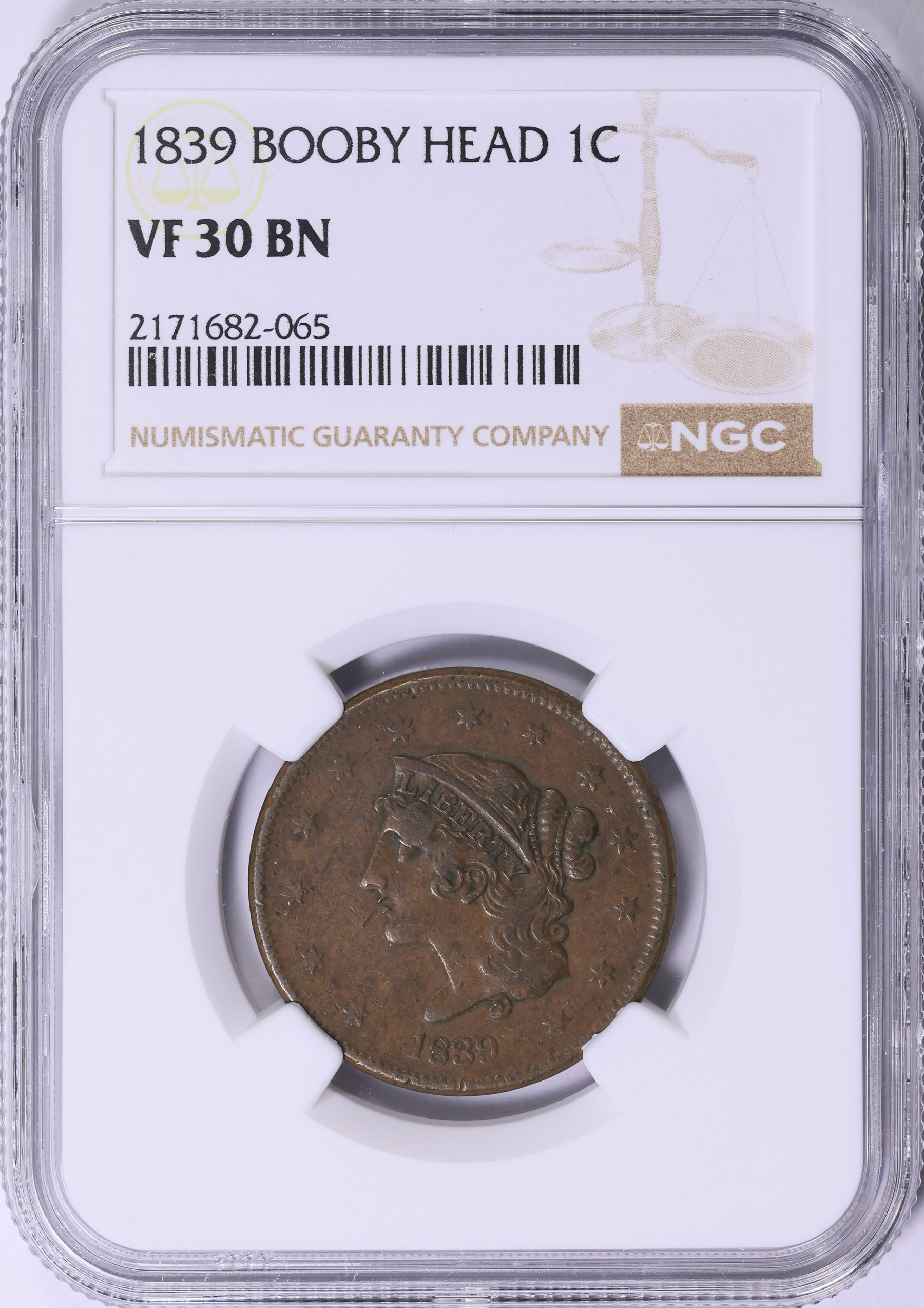 1839 Matron Cent Booby Head NGC VF-30 BN (Item 1836251) | GreatCollections Coin Auctions