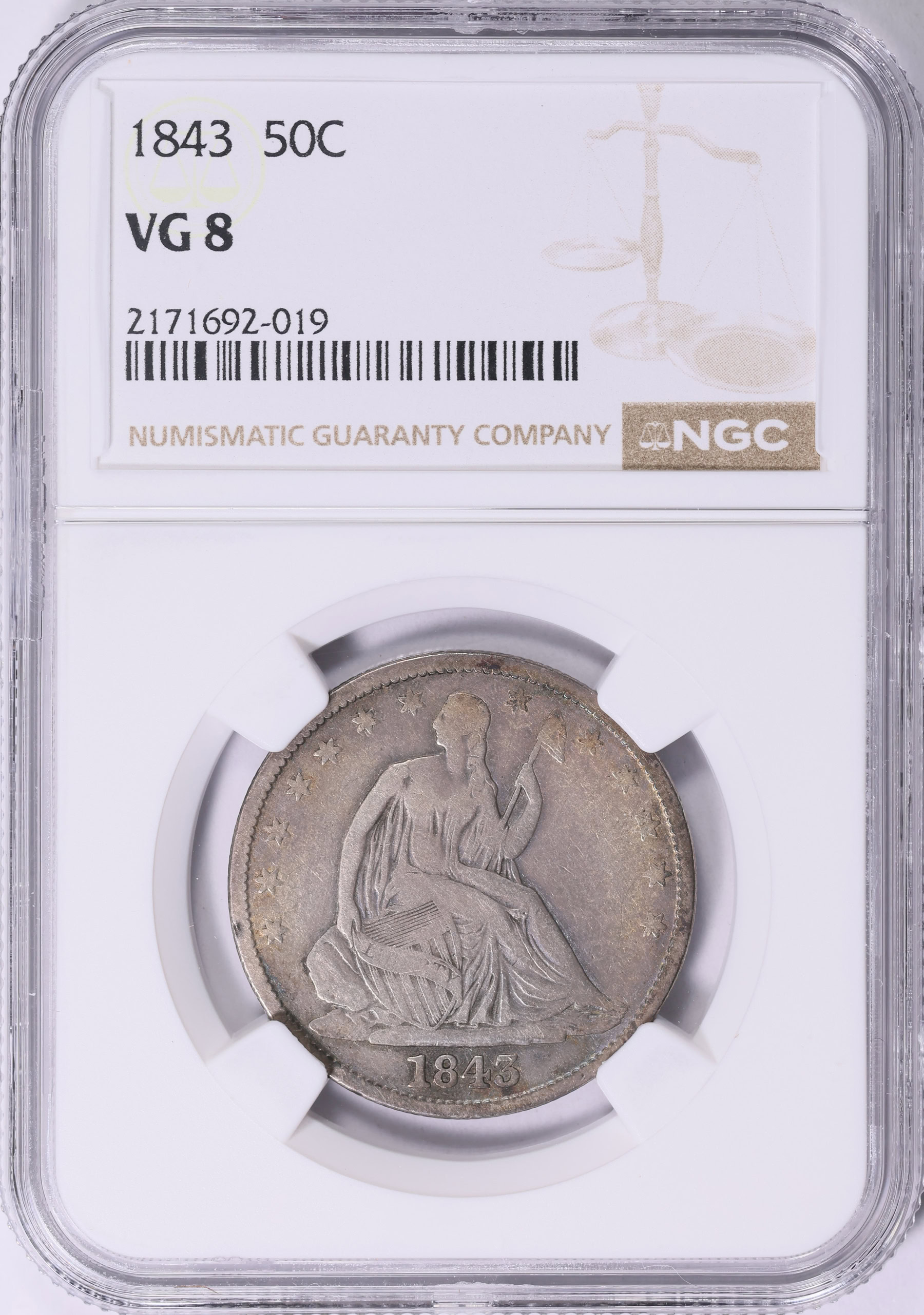 1843 Seated Liberty Half Dollar NGC VG-08 (Toned) (Item 1836277) | GreatCollections Coin Auctions