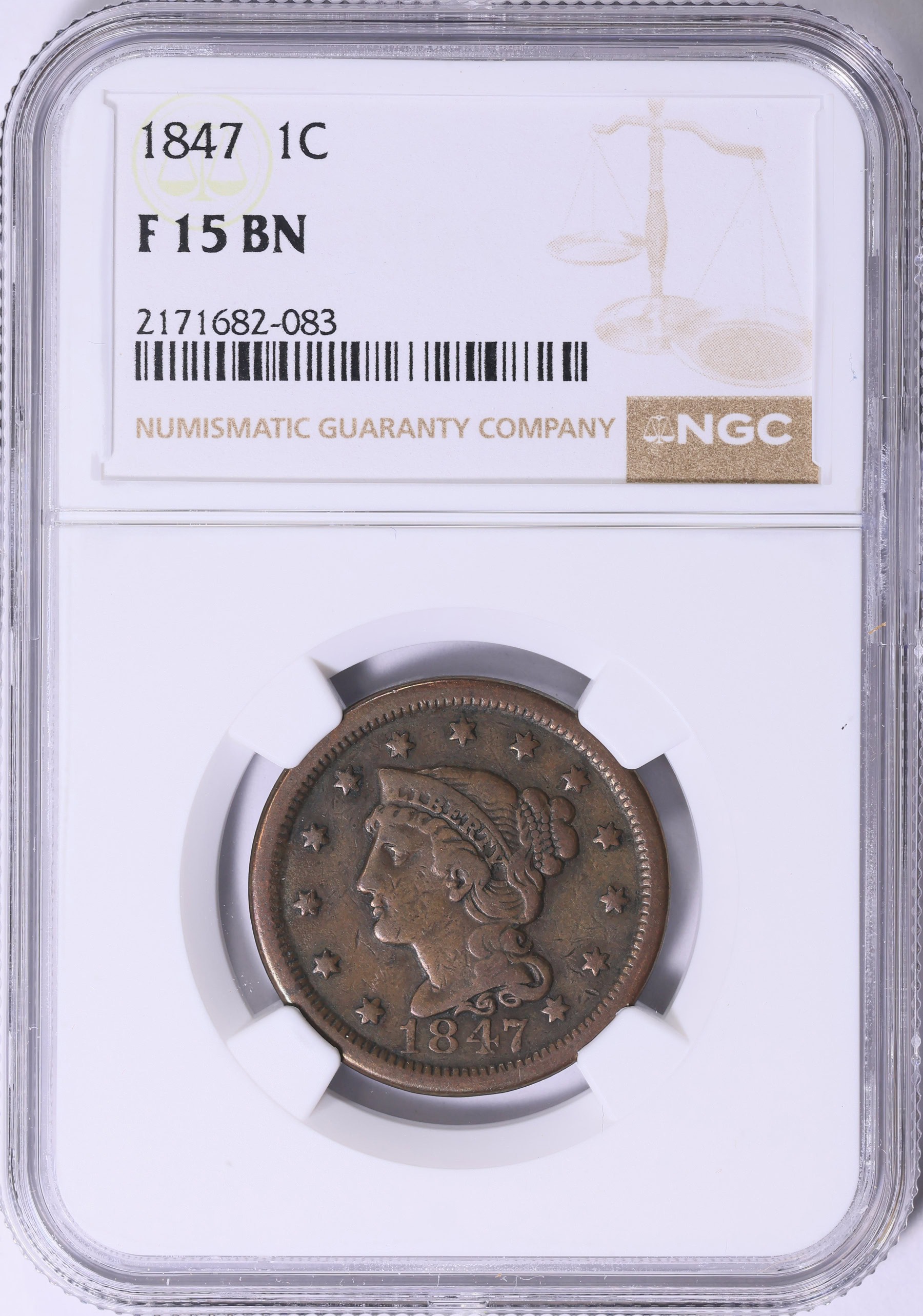 1847 Braided Hair Cent NGC F-15 BN (Item 1836283) | GreatCollections ...