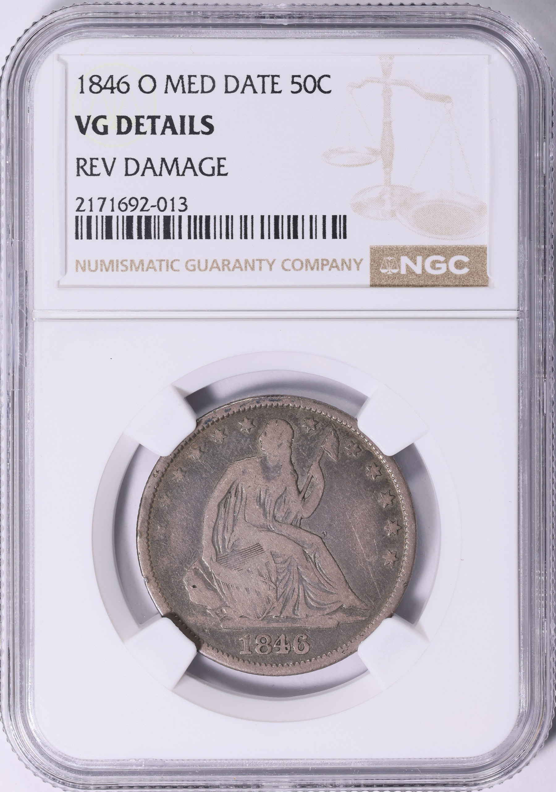1846-O Seated Liberty Half Dollar Medium Date NGC VG Details (Item 1836322) | GreatCollections ...