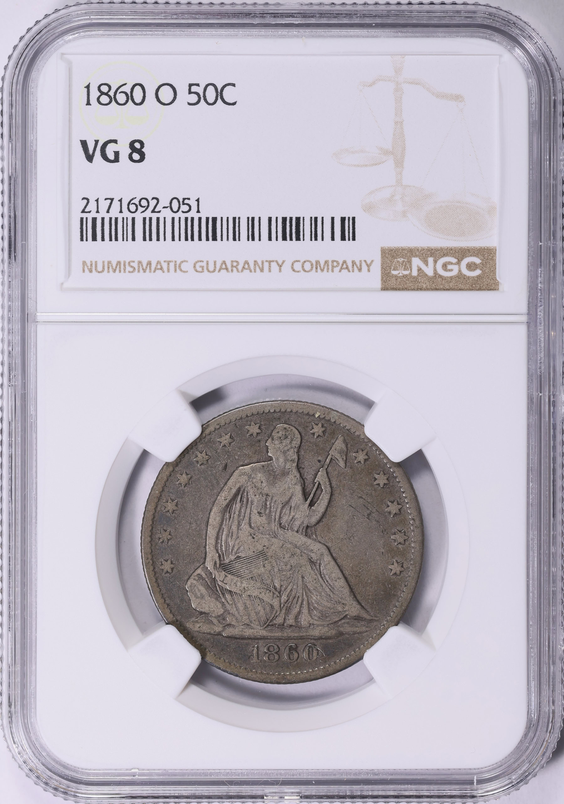 1860-O Seated Liberty Half Dollar NGC VG-08 (Toned) (Item 1836327) | GreatCollections Coin Auctions
