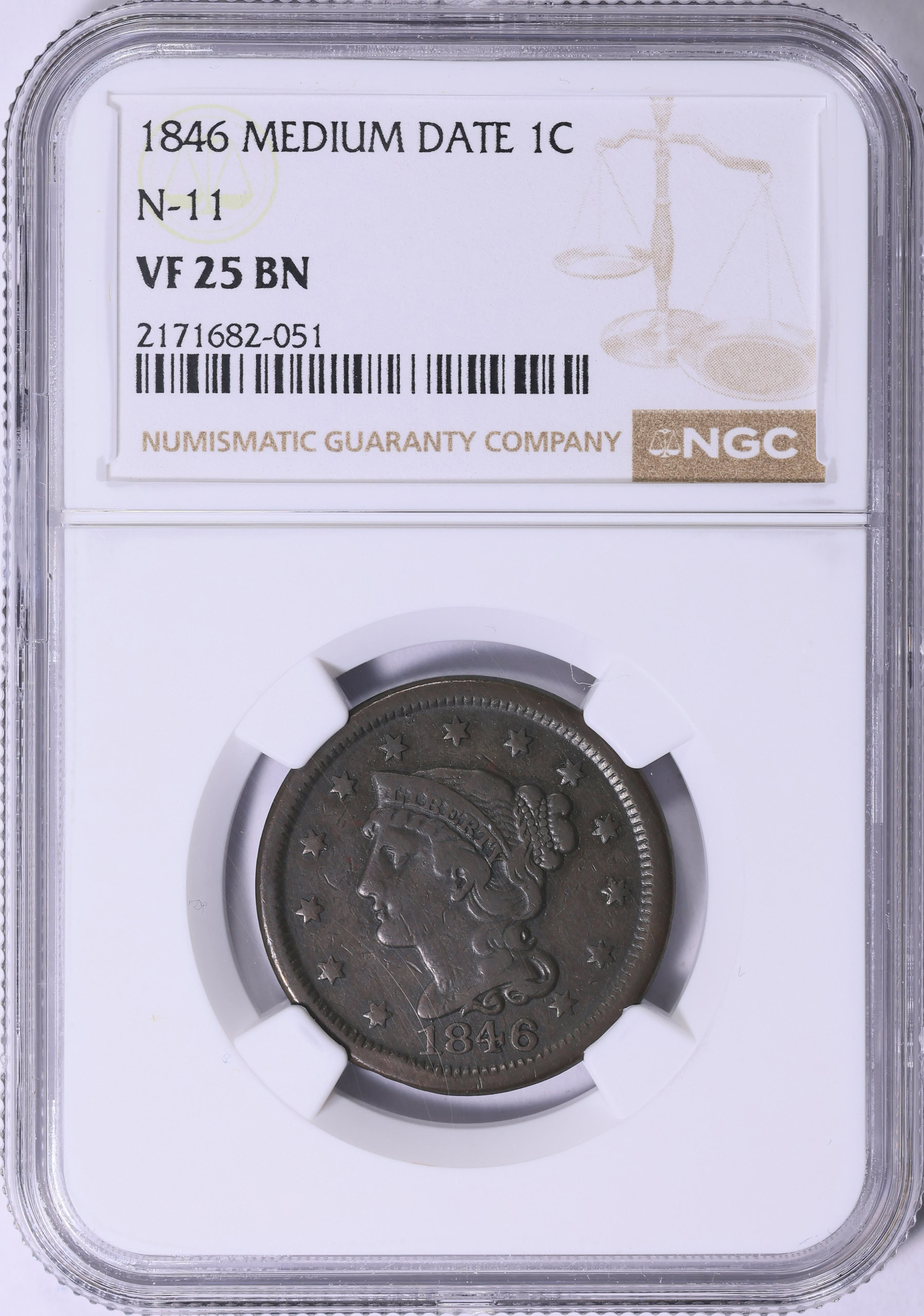 1846 Braided Hair Cent Medium Date N-11 NGC VF-25 BN (Item 1836351) | GreatCollections Coin Auctions