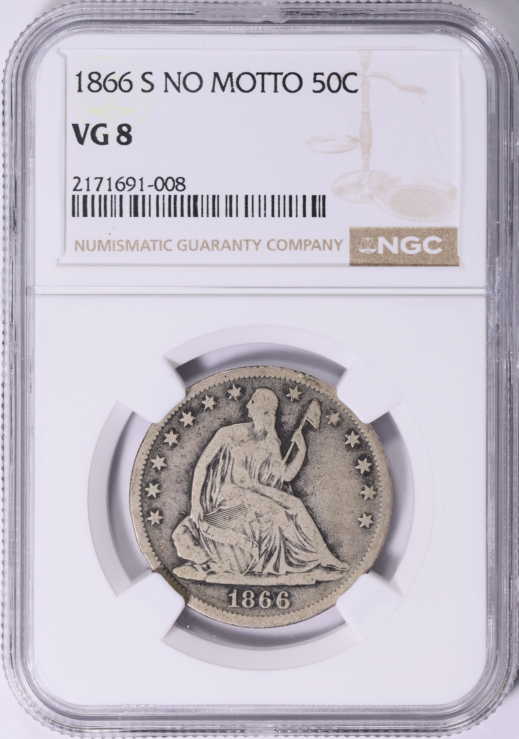 1866-S Seated Liberty Half Dollar No Motto NGC VG-08 (Item 1836364) | GreatCollections Coin Auctions