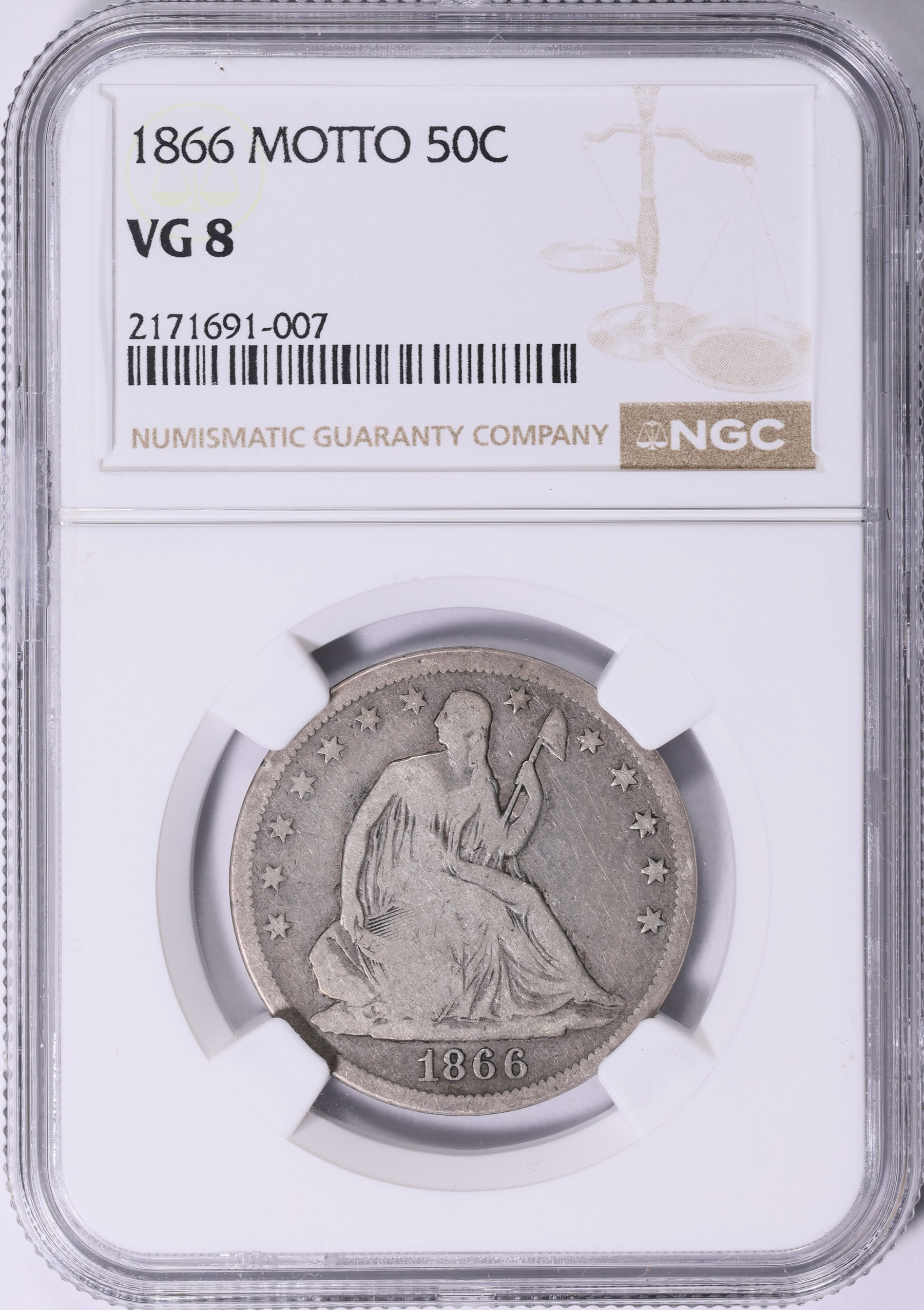 1866 Seated Liberty Half Dollar Motto NGC VG-08 (Item 1836366) | GreatCollections Coin Auctions