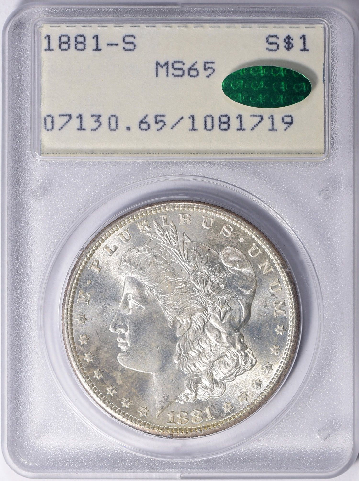 1881-S Morgan Silver Dollar PCGS MS-65 (CAC Green) OGH (1st Gen - White Rattler) (Item 1836404 ...