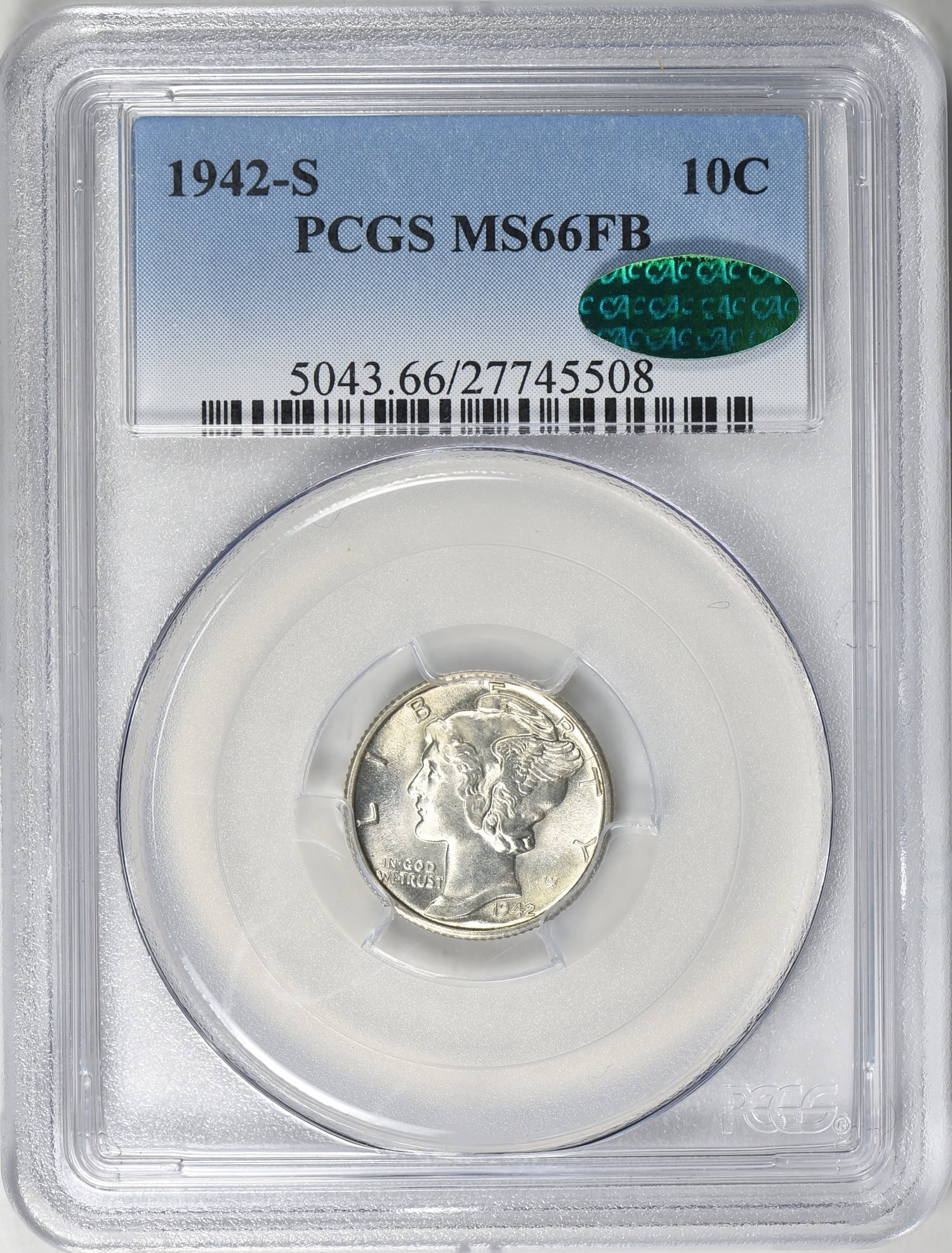 1942-S Mercury Dime PCGS MS-66 FB (CAC Green) (Item 1836444) | GreatCollections Coin Auctions