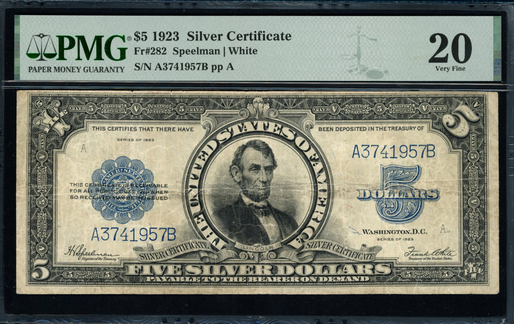 Fr. 282 1923 $5 Silver Certificate Note Speelman / White PMG Very Fine ...