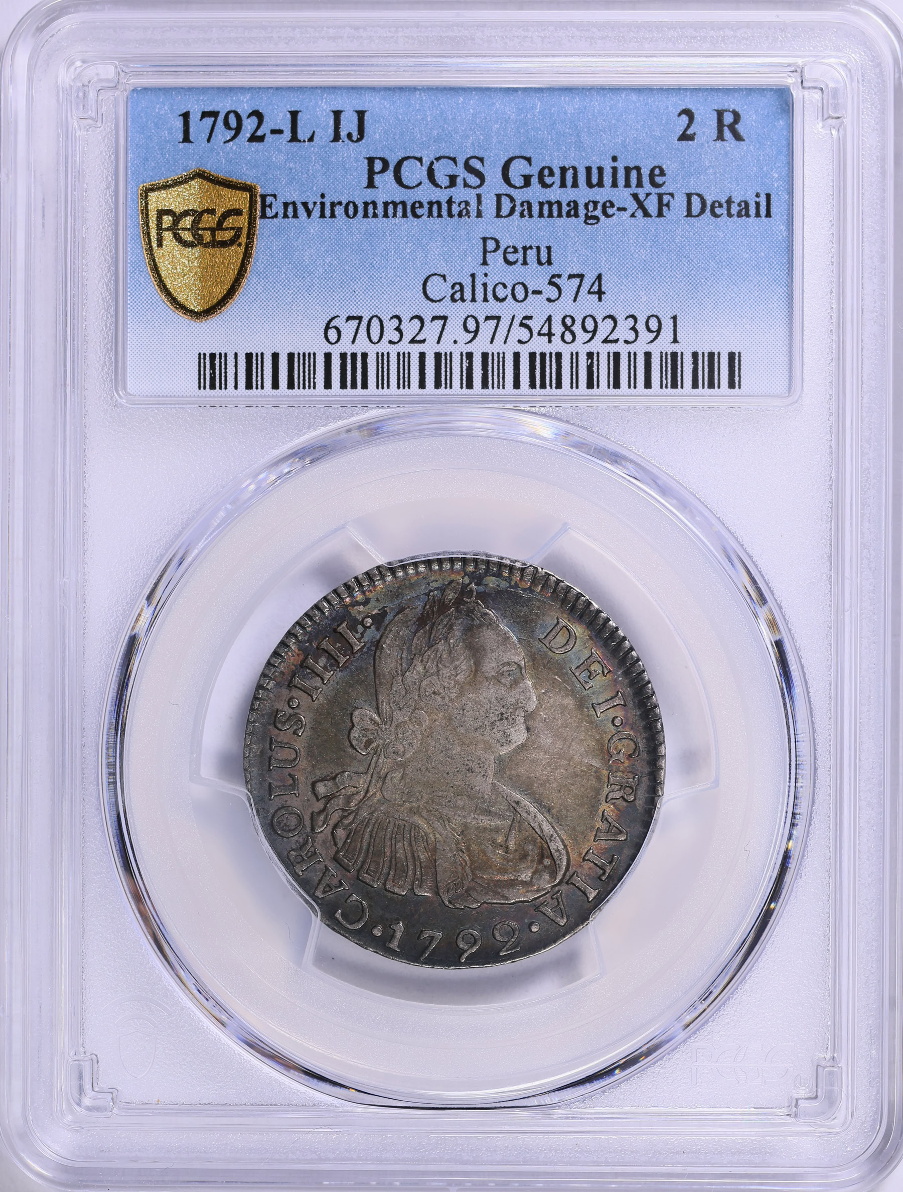 Peru 1792-L IJ Silver 2 Reales Normal Bust KM-95 PCGS Genuine XF ...