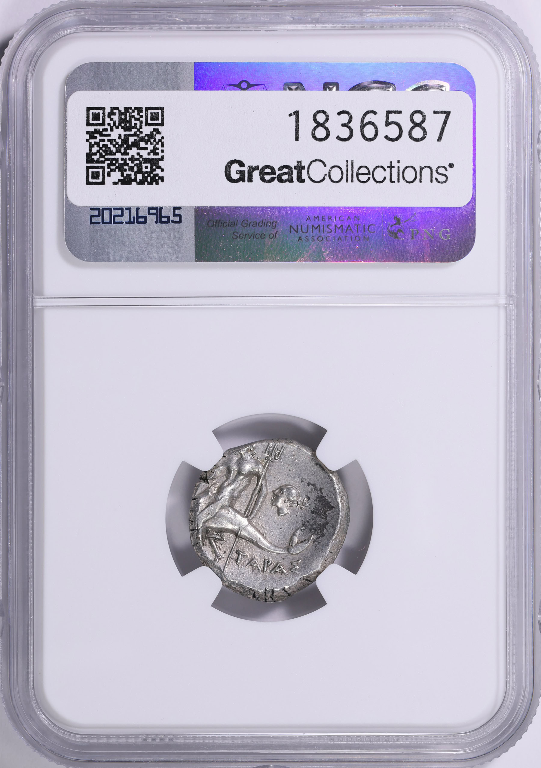 Ancient Calabria, Taras c.280-240 B.C. AR Didrachm (6.55gms) NGC AU ...