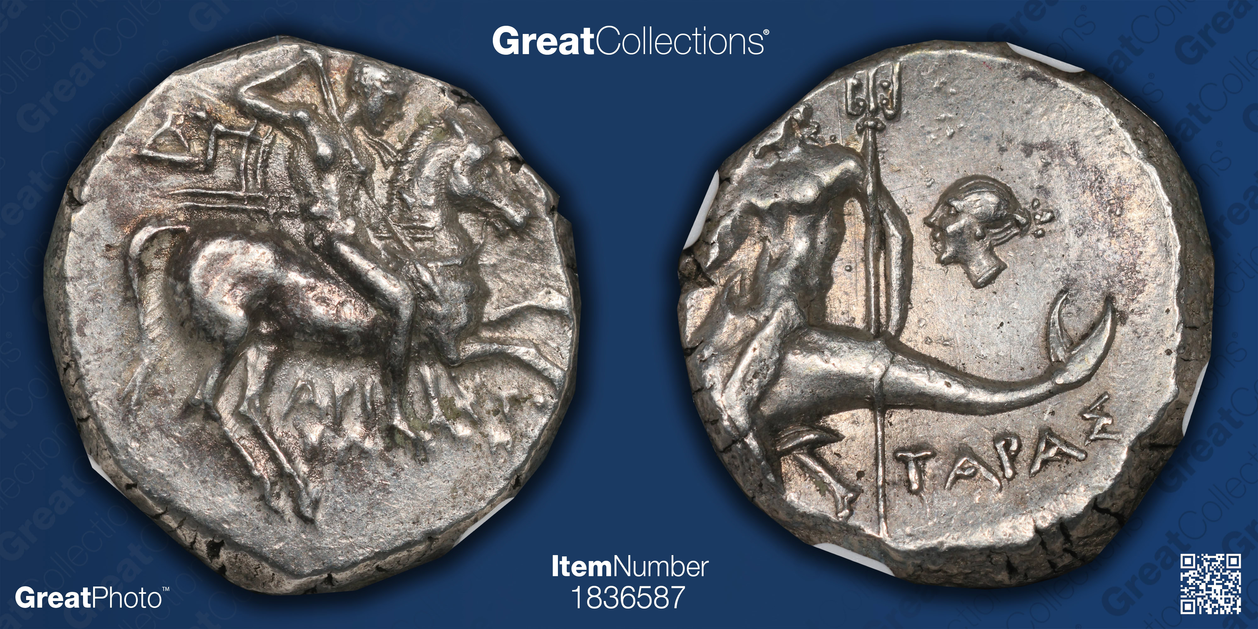 Ancient Calabria, Taras c.280-240 B.C. AR Didrachm (6.55gms) NGC AU ...