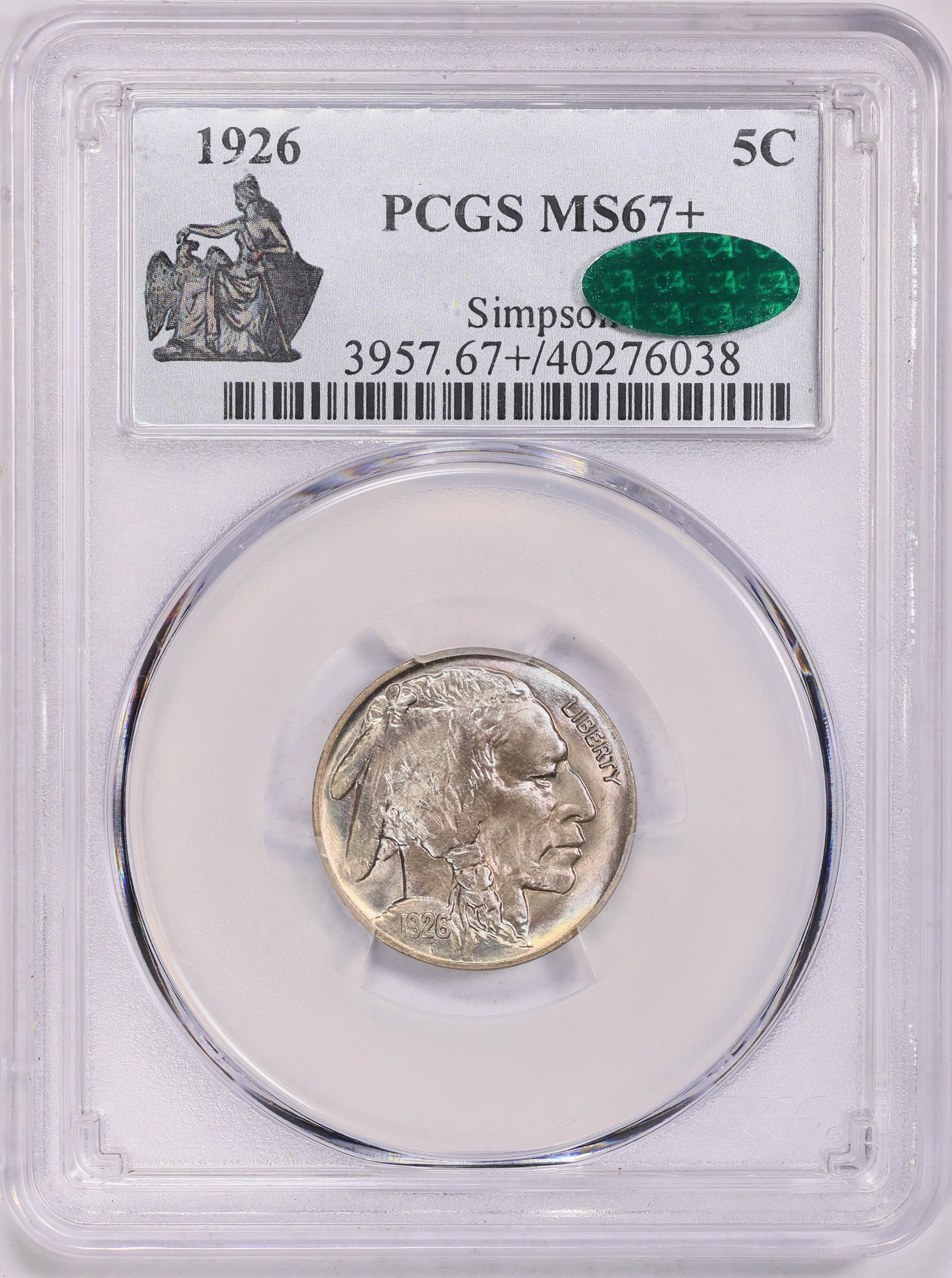 1926 Buffalo Nickel PCGS MS-67+ (CAC Green) (Toned) (Simpson Collection ...