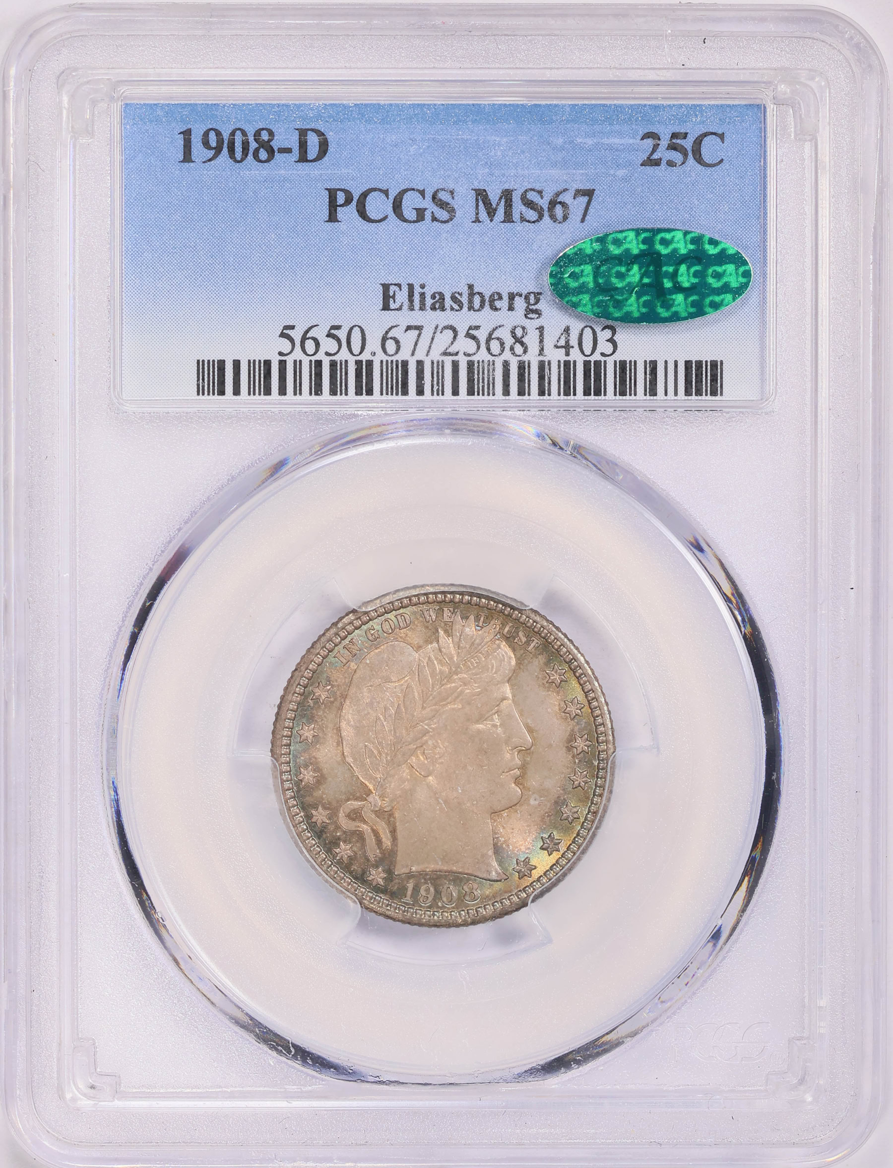 1908-D Barber Quarter PCGS MS-67 (CAC Green) (Toned) (Eliasberg Collection) (Item 1836627 ...