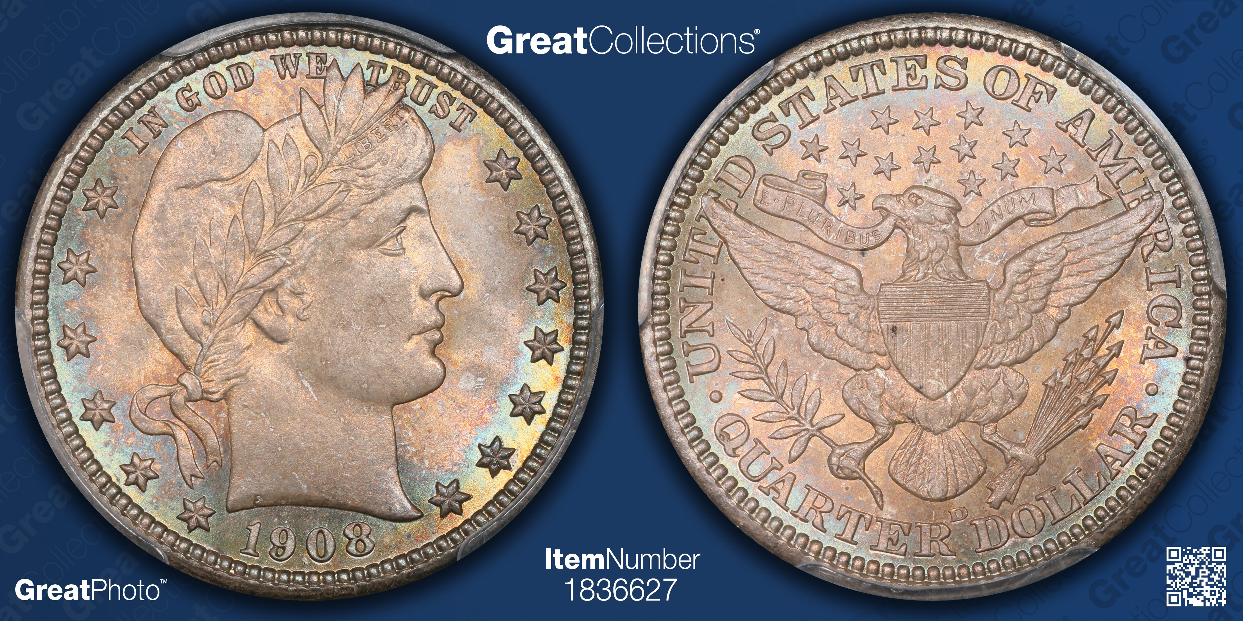 1908-D Barber Quarter PCGS MS-67 (CAC Green) (Toned) (Eliasberg ...
