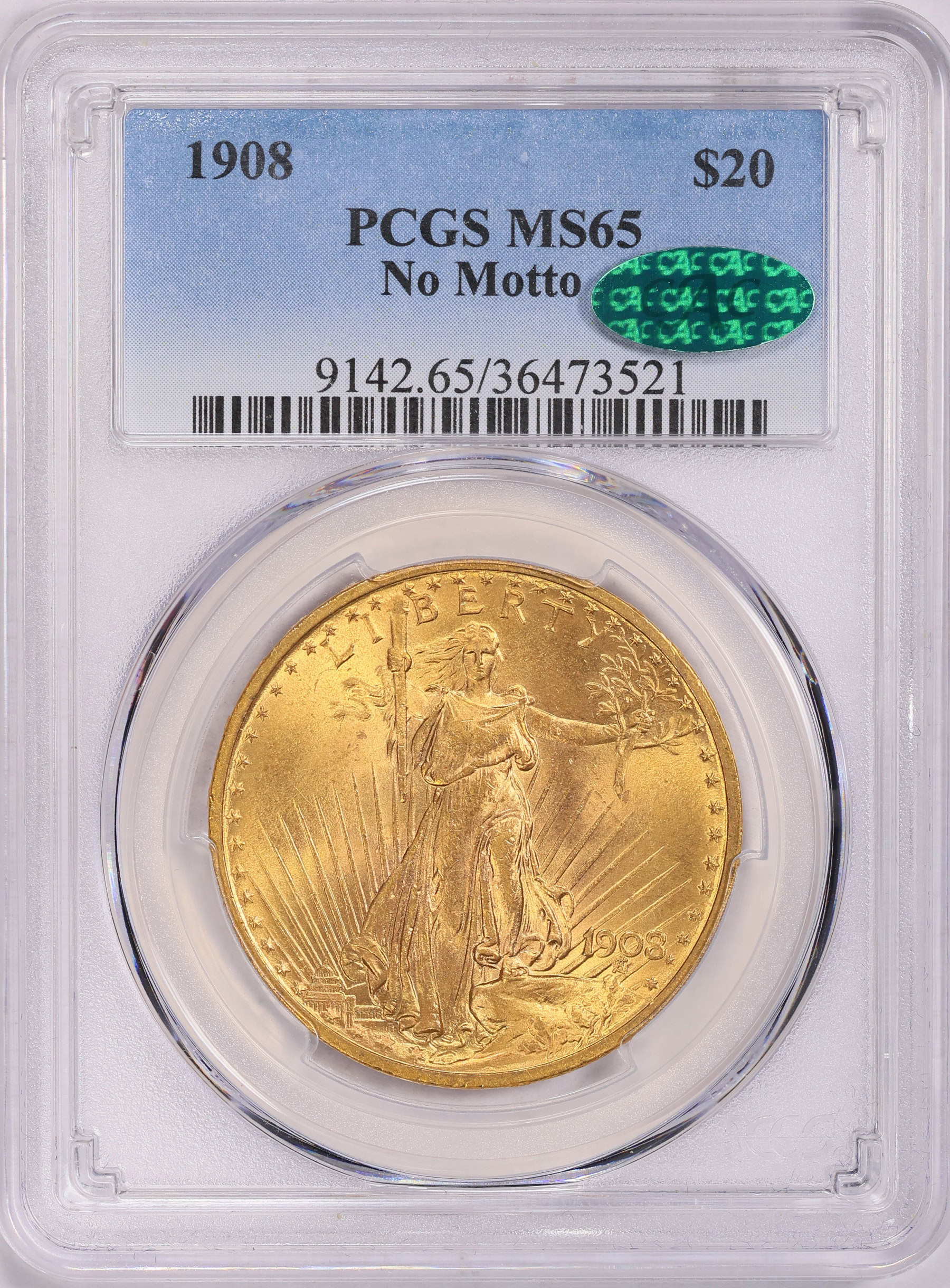 1908 Saint-Gaudens Gold Double Eagle No Motto PCGS MS-65 (CAC Green ...