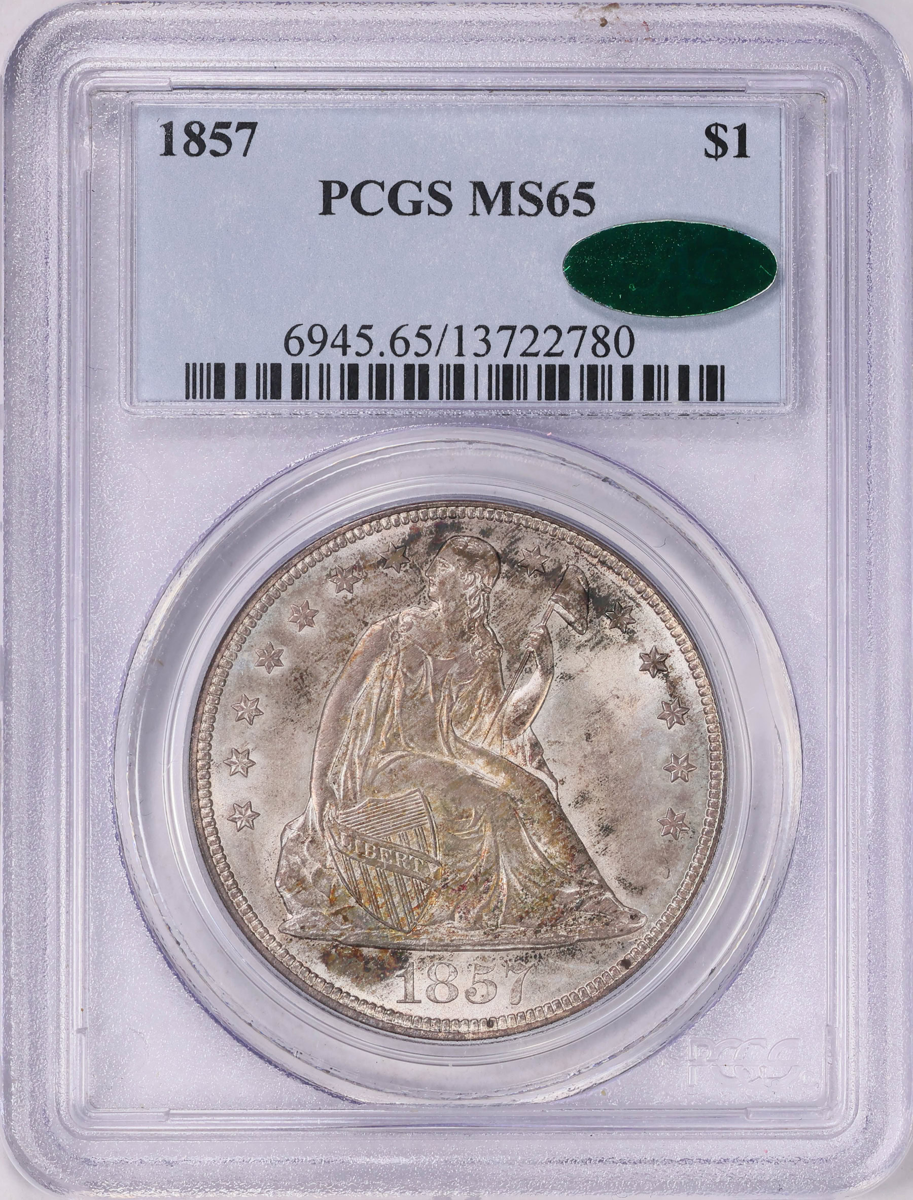 1857 Seated Liberty Silver Dollar PCGS MS-65 (CAC Green) (Toned) (Item ...
