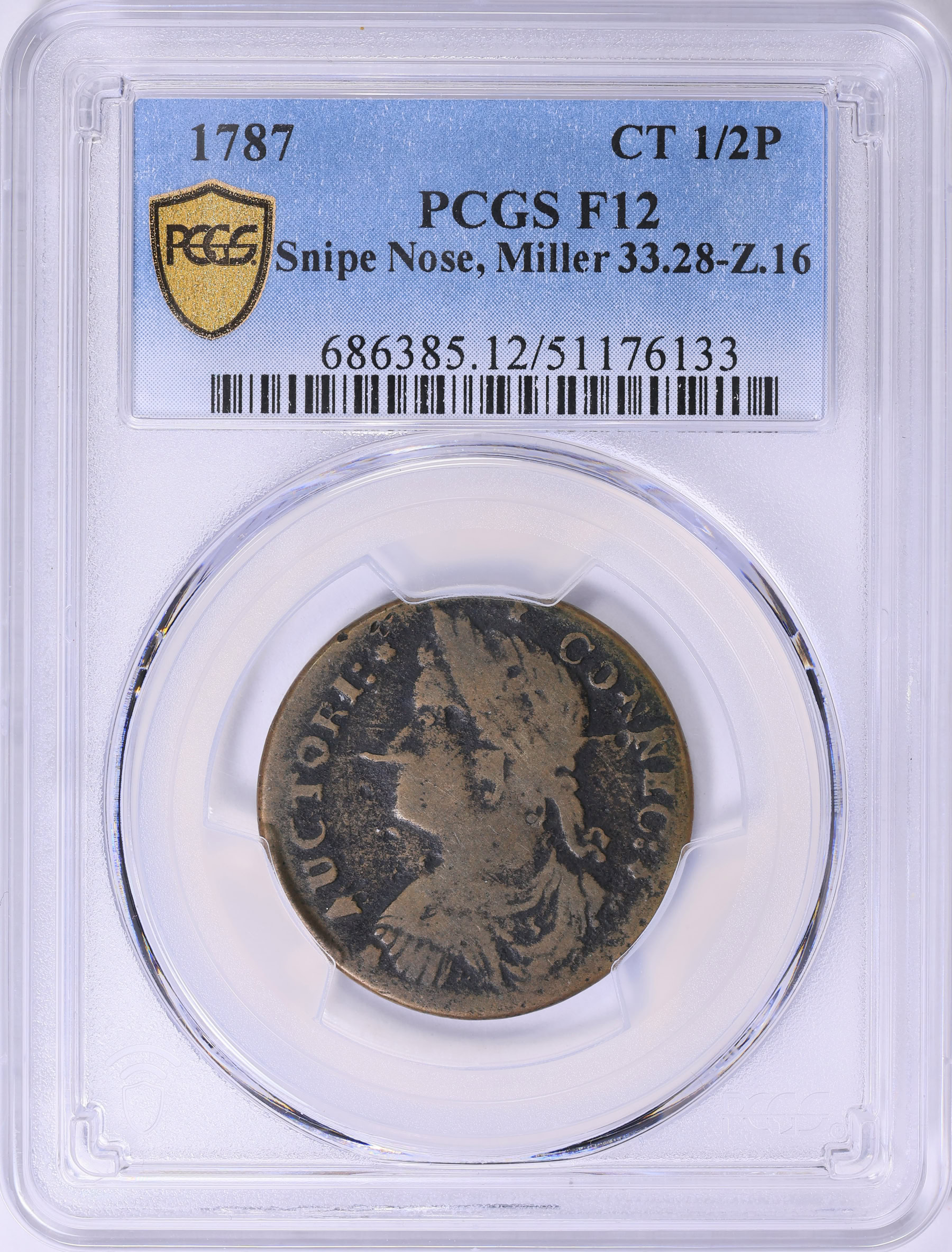 1787 CT Connecticut Copper Snipe Nose, Miller 33.28-Z.16 PCGS F-12 ...