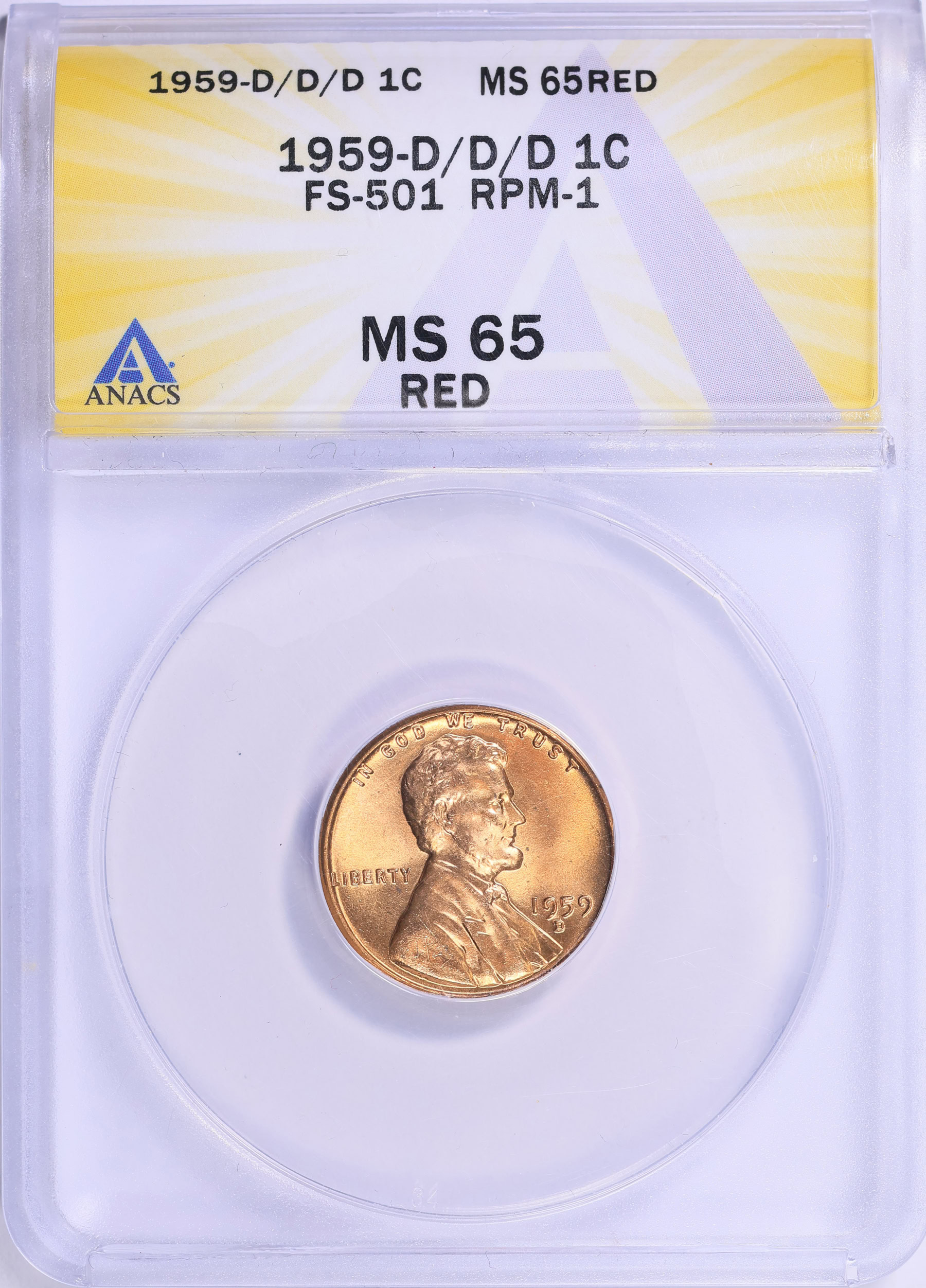 1959-D/D/D Lincoln Cent RPM-1 FS-501 ANACS MS-65 RD (Item 1836894) | GreatCollections Coin Auctions