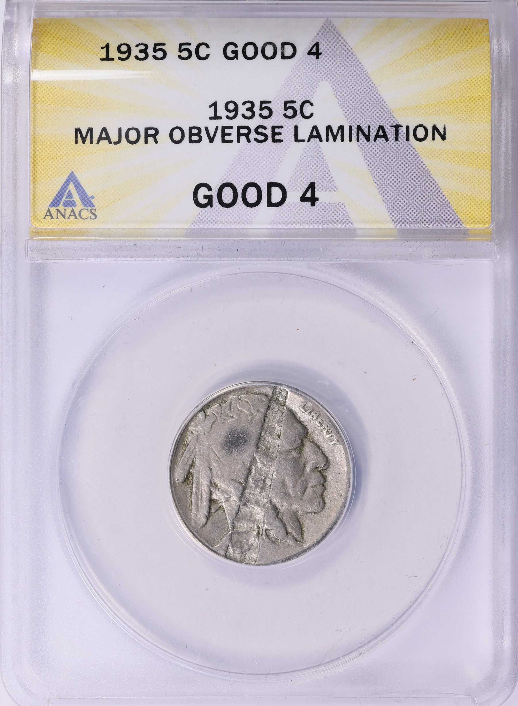 Mint Error 1935 Buffalo Nickel Major Obverse Lamination ANACS G-04 ...