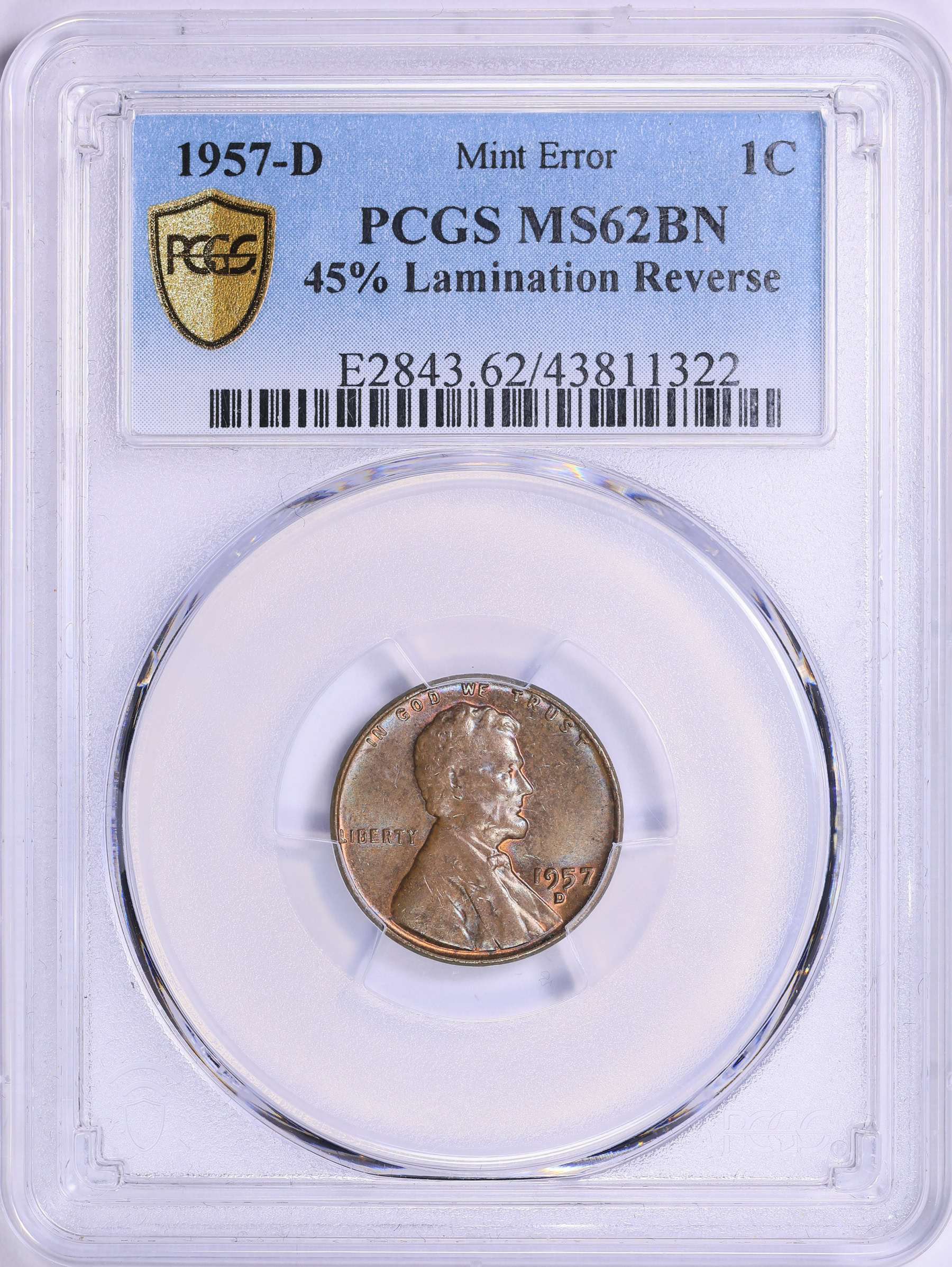 Mint Error 1957-D Lincoln Cent 45% Lamination Reverse PCGS MS-62 BN ...