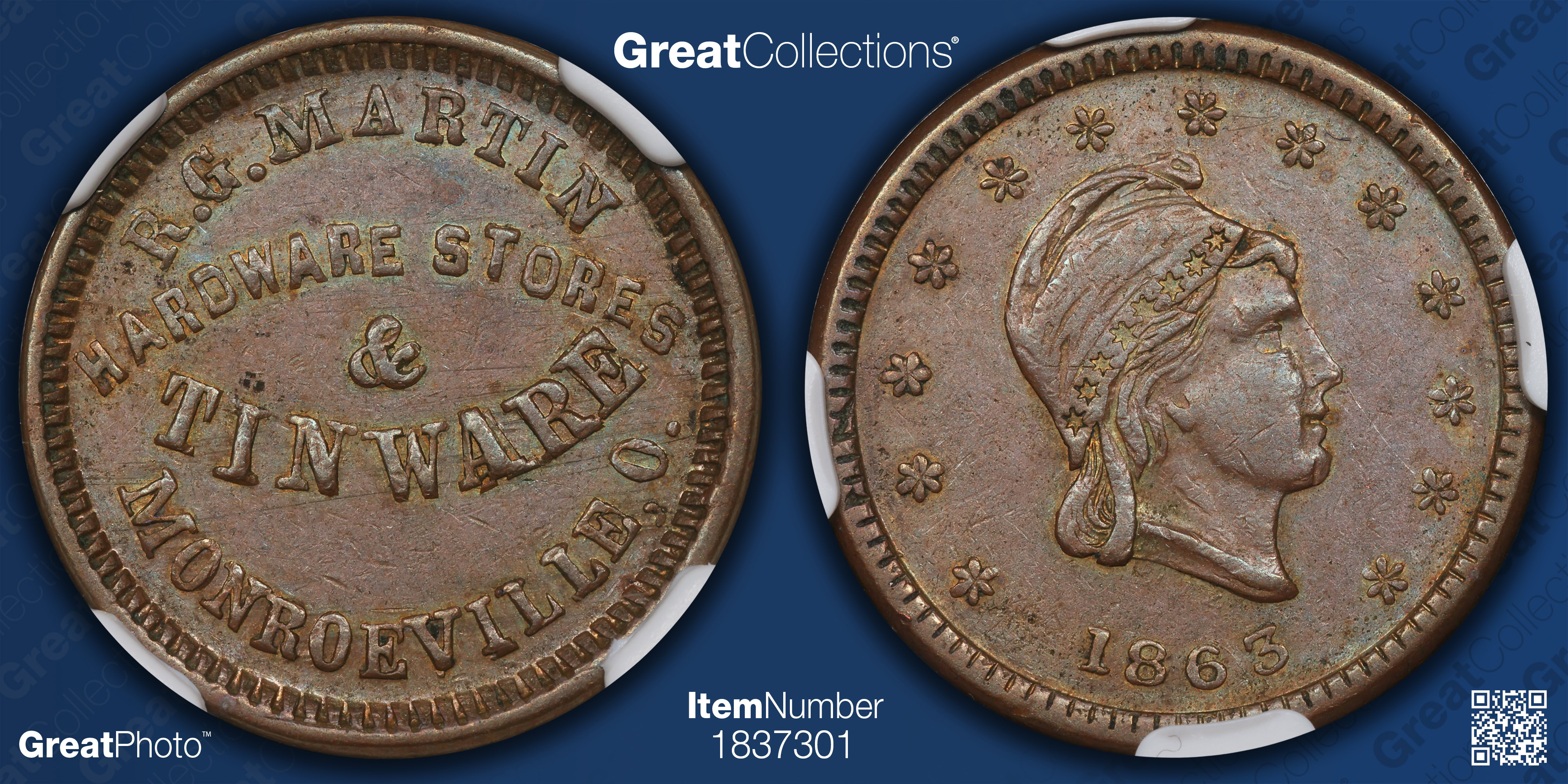 1863 Monroeville, Ohio R.G. Martin Hardware Civil War Token F-560A-7a ...