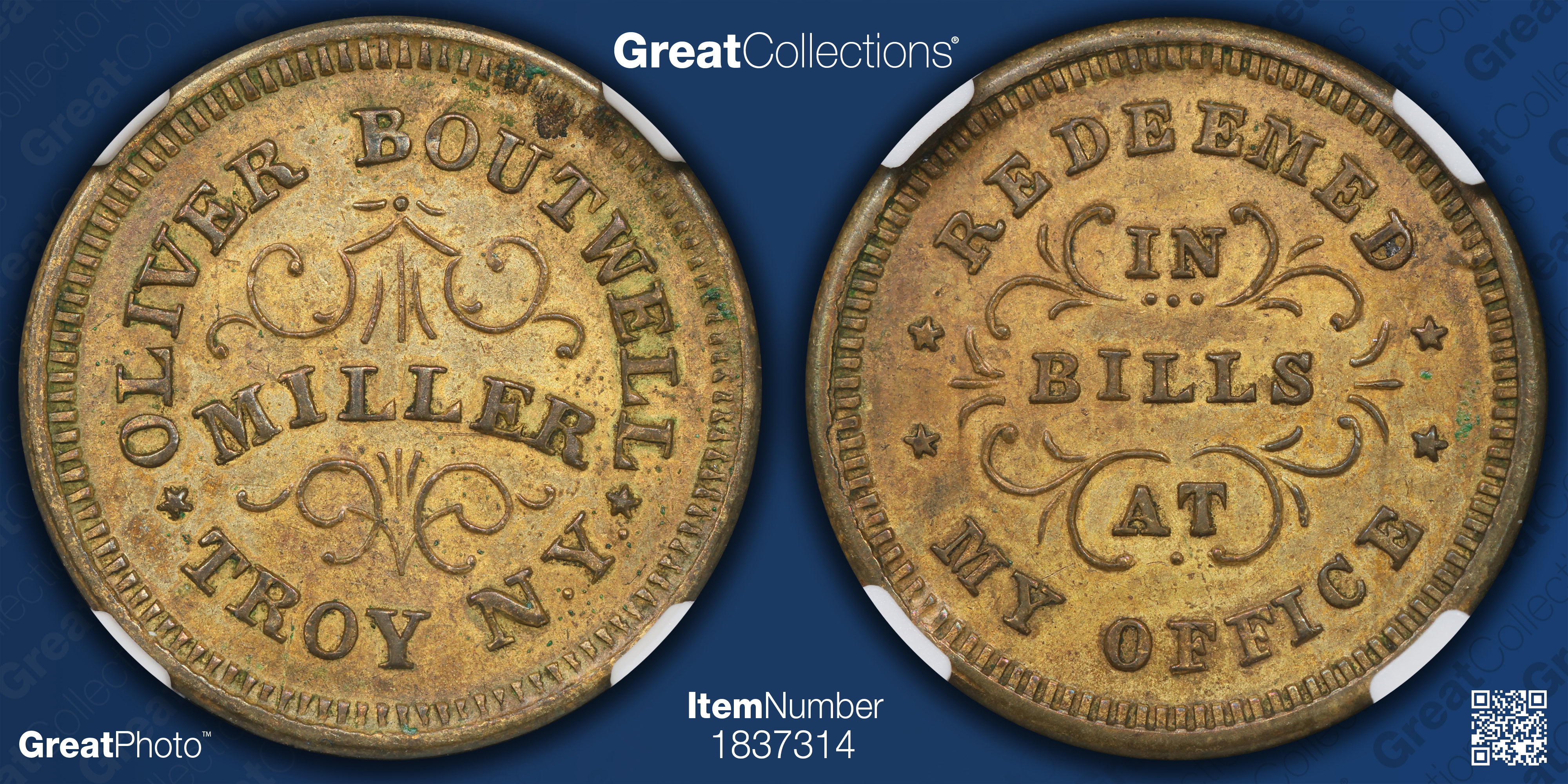 ND (1861-65) Troy, New York Oliver Boutwell Miller Civil War Token F ...
