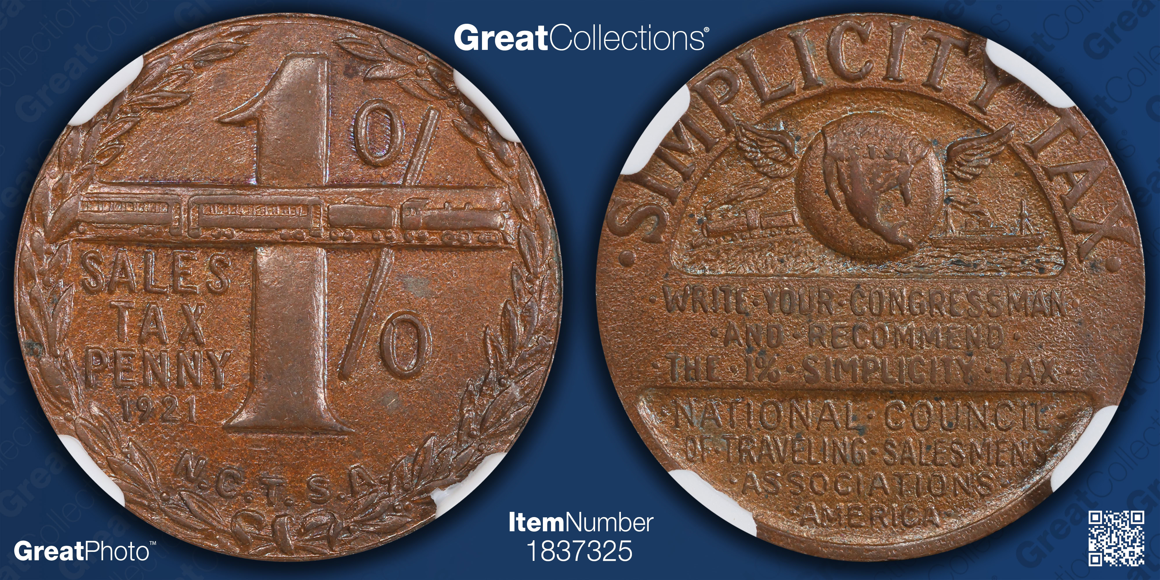 1921 Copper 23mm National Council of Traveling Salesmen Association 1% ...