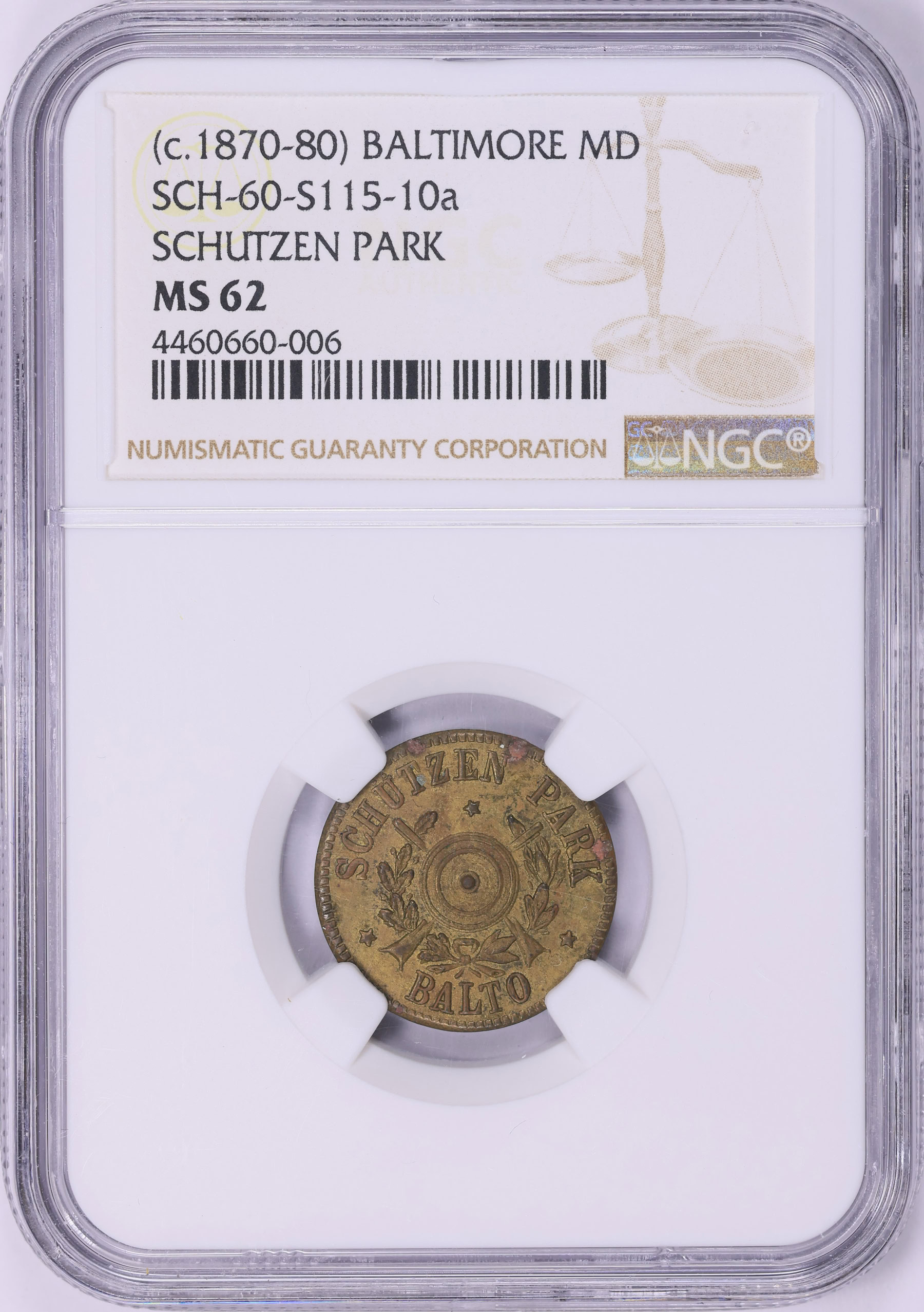 ND (c.1870s-80s) Baltimore, Maryland Schutzen Park Token SCH-60-S115 ...