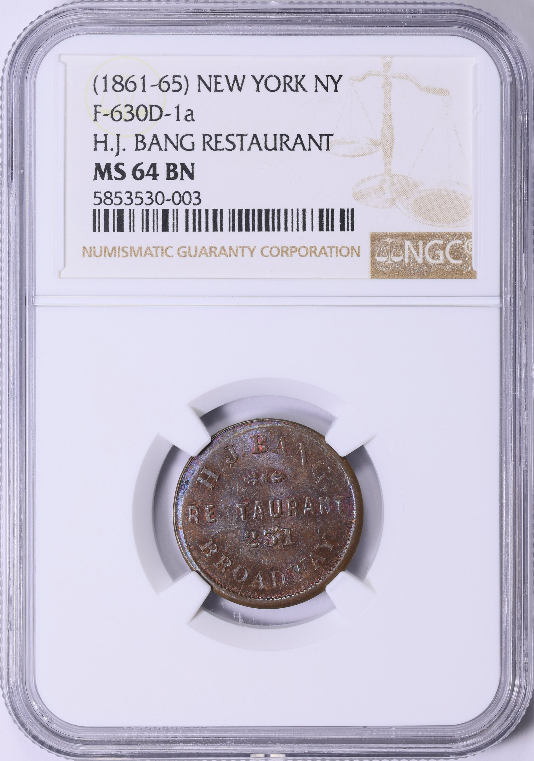 ND (1860-65) New York City, New York H.J. Bang Restaurant F-630D-1a NGC ...