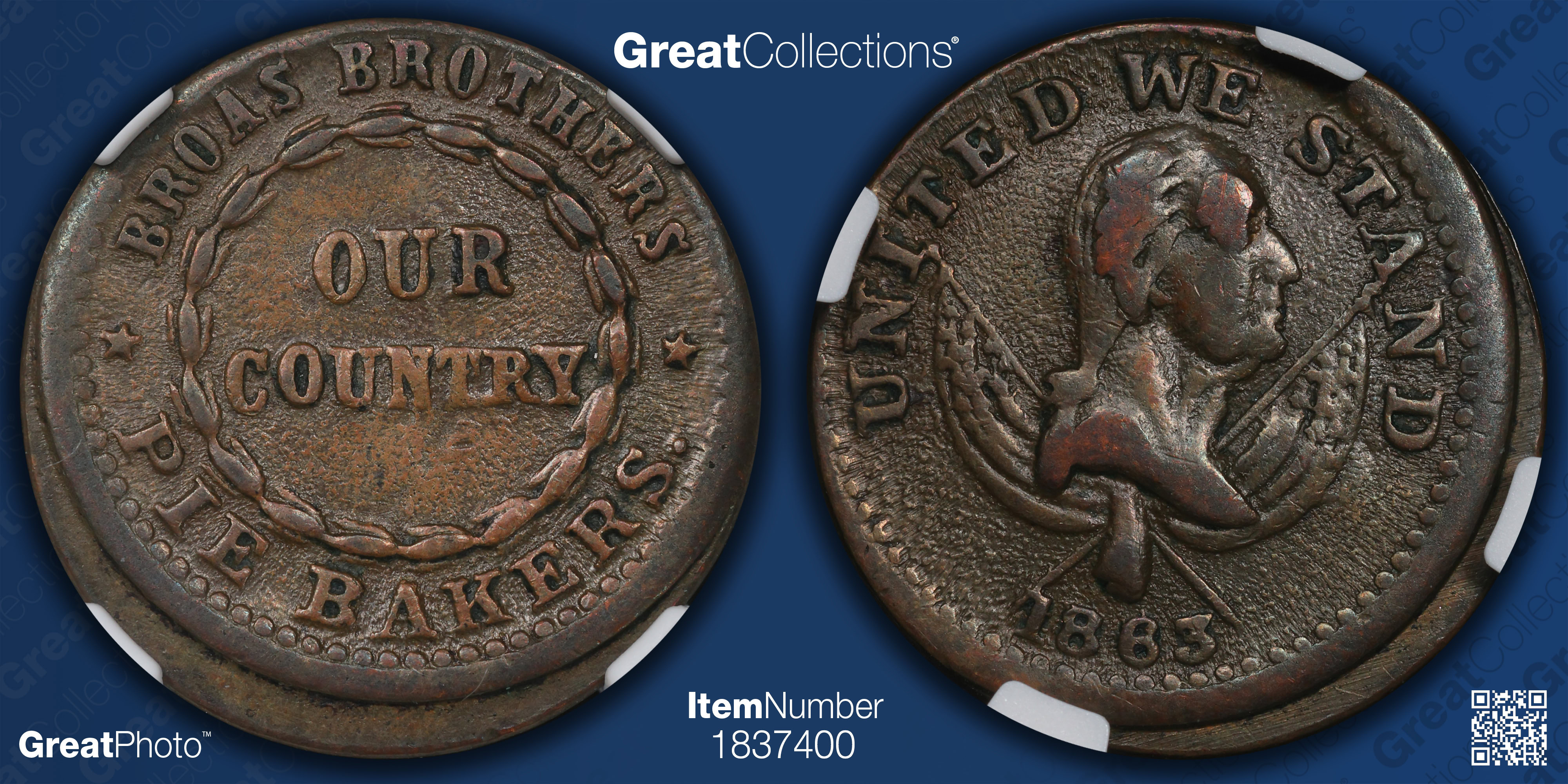 1863 New York City, New York Broas Brothers Pie Bakers Civil War Token ...
