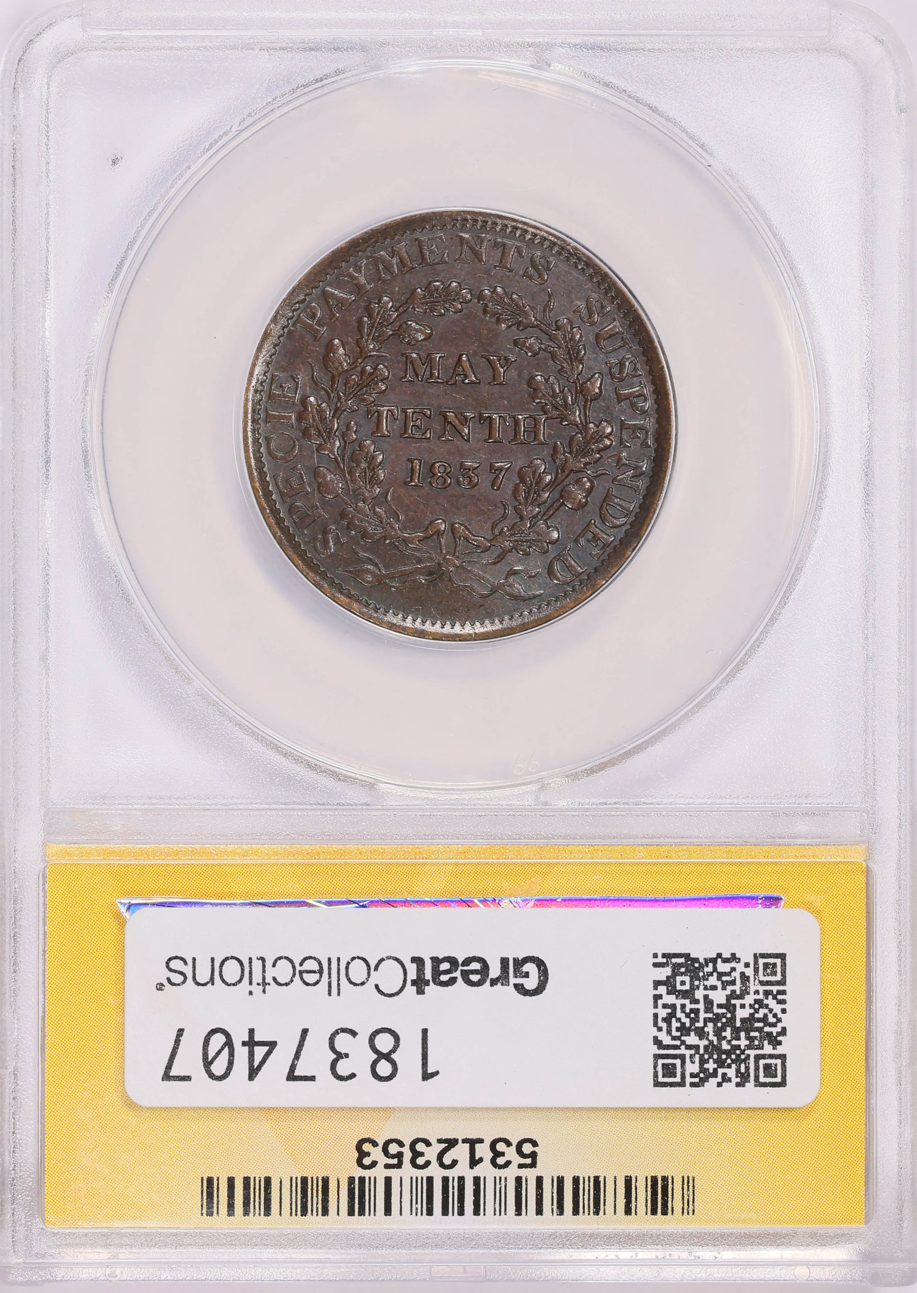 1837 Substitute For Shin Plasters Hard Times Token HT-66 ANACS AU-55 ...