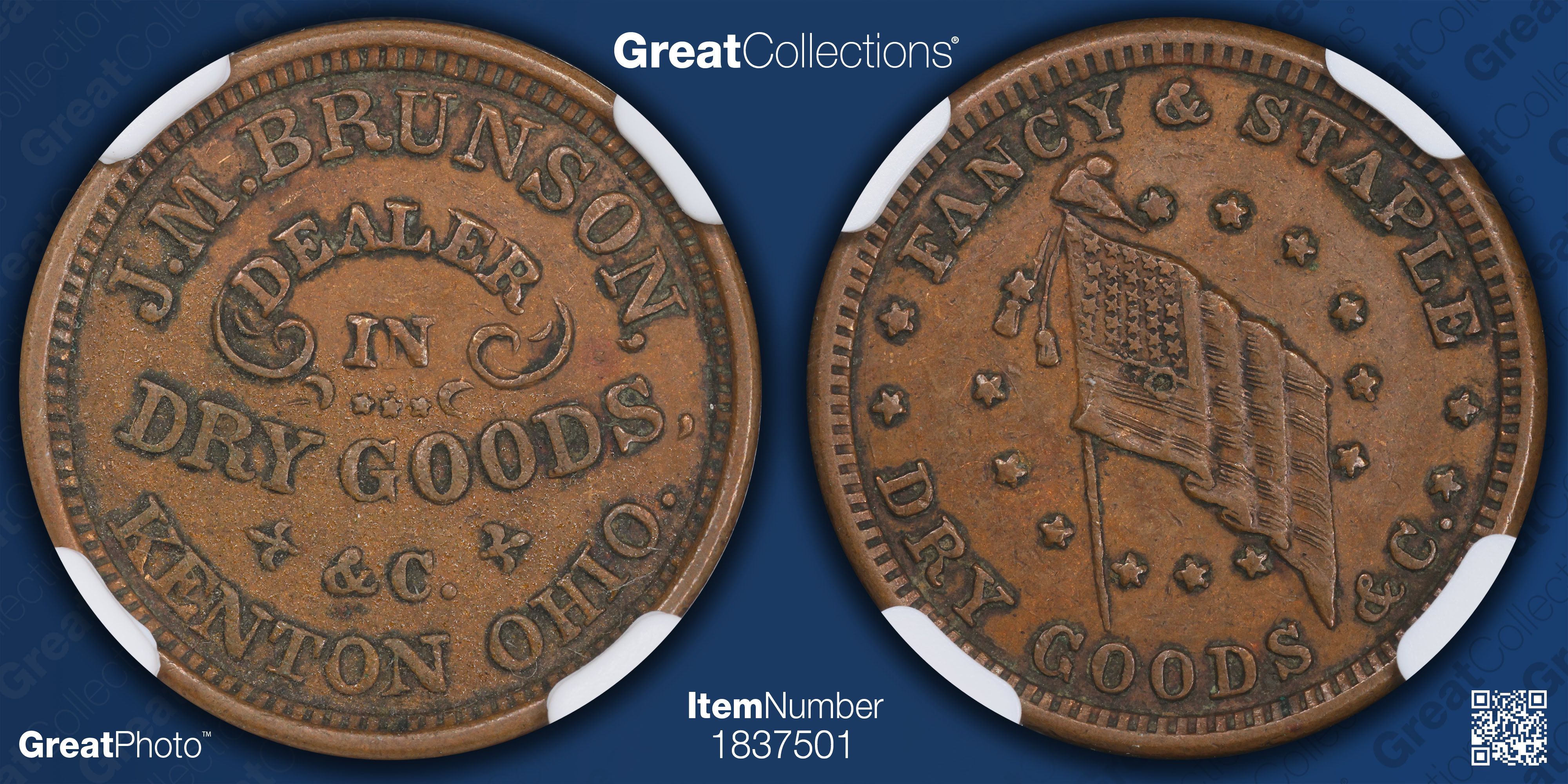 ND (1861-65) Kenton, Ohio J.M. Brunson, Dry Goods Civil War Token F ...