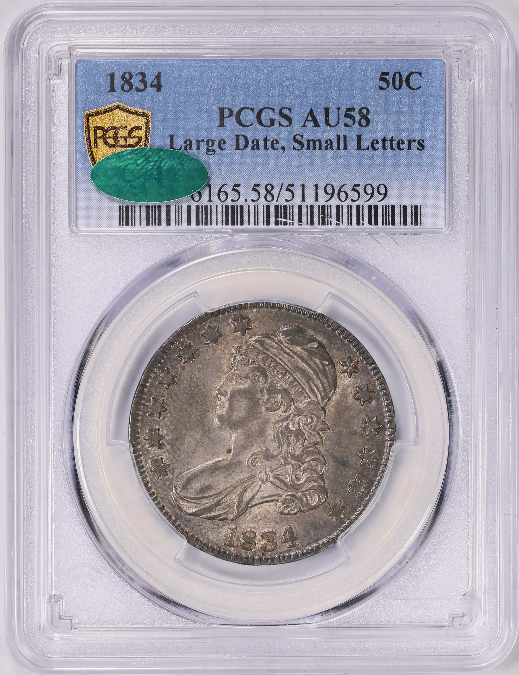 1834 Capped Bust Half Dollar Large Date, Small Letters PCGS AU-58 (CAC Green) (Item 1837602 ...