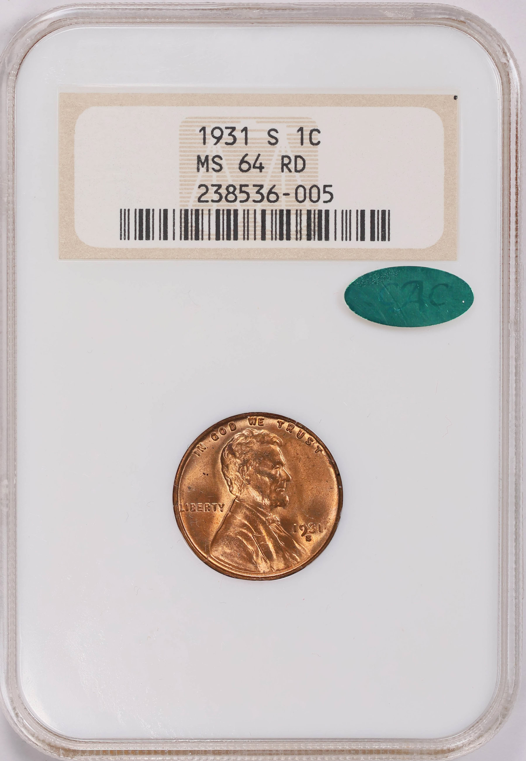 1931-S Lincoln Cent NGC MS-64 RD (CAC Green) OH (Item 1837606) | GreatCollections Coin Auctions
