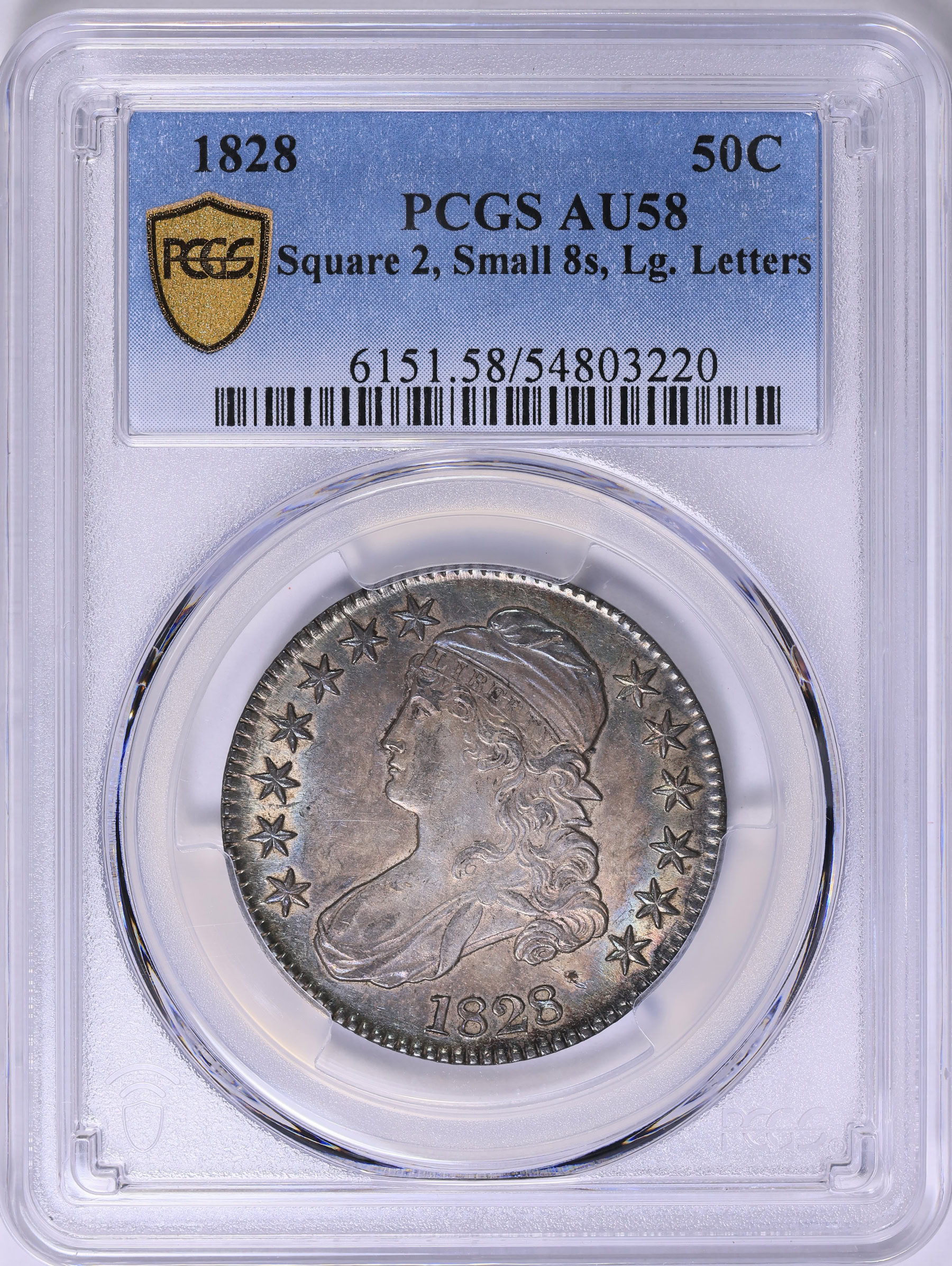 1828 Capped Bust Half Dollar Square Base 2, Small 8s, Large Letters PCGS AU-58 (Toned) (Item ...