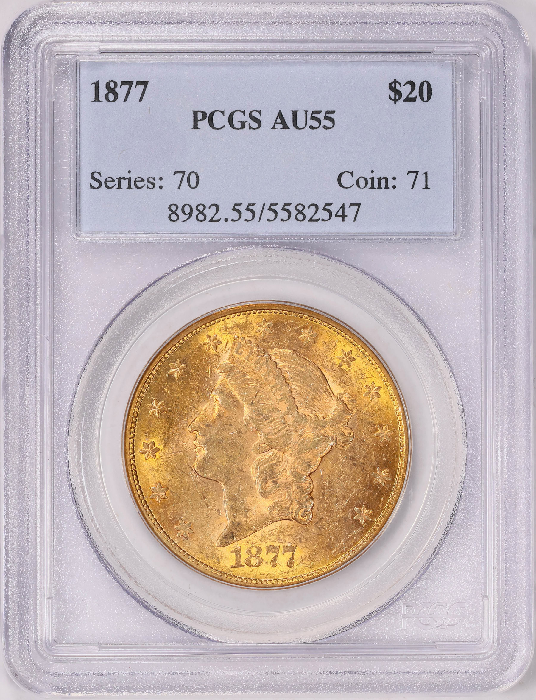 1877 Liberty Gold Double Eagle PCGS AU-55 (Item 1837731) | GreatCollections Coin Auctions