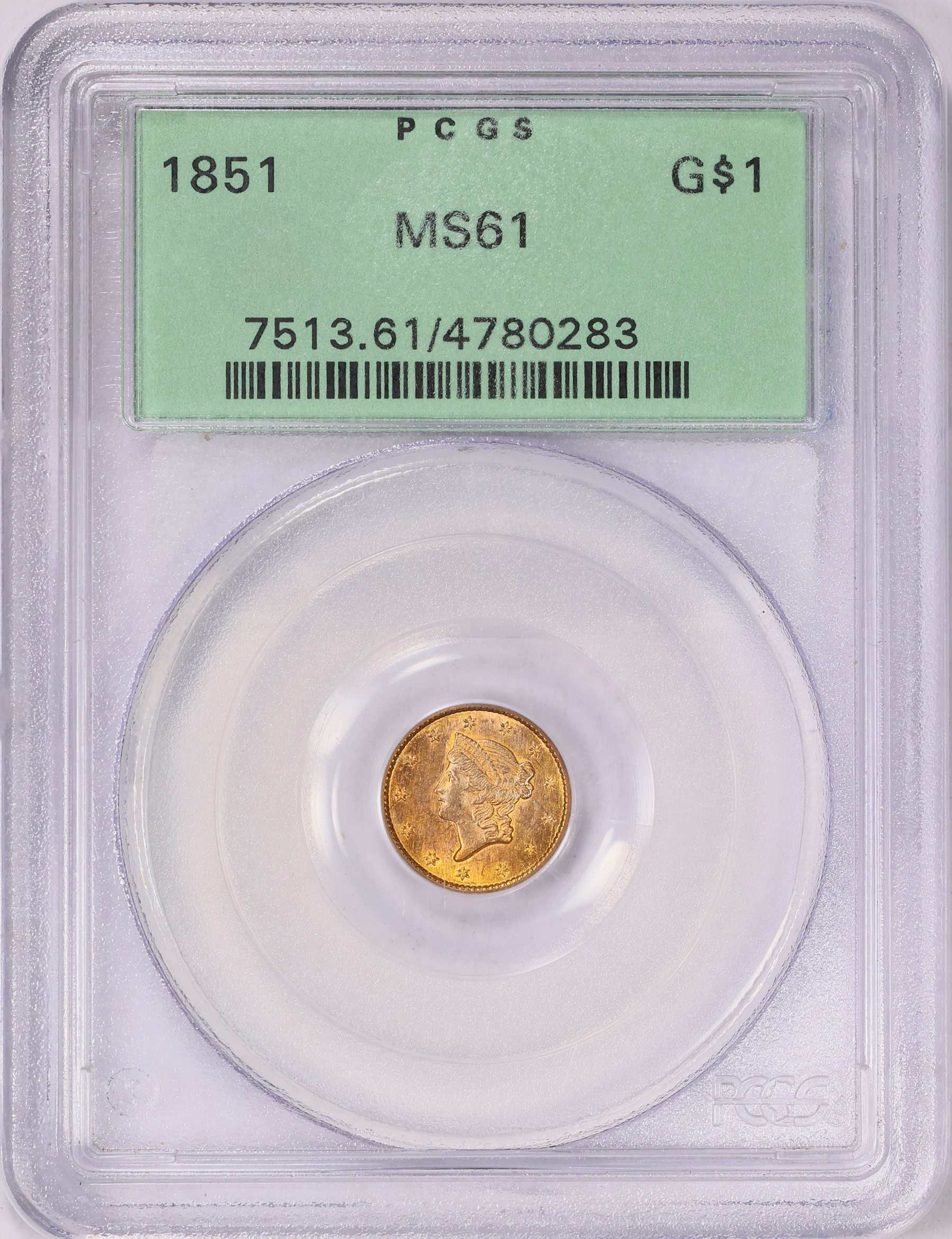 1851 Liberty Gold Dollar PCGS MS-61 OGH (Item 1837743) | GreatCollections Coin Auctions