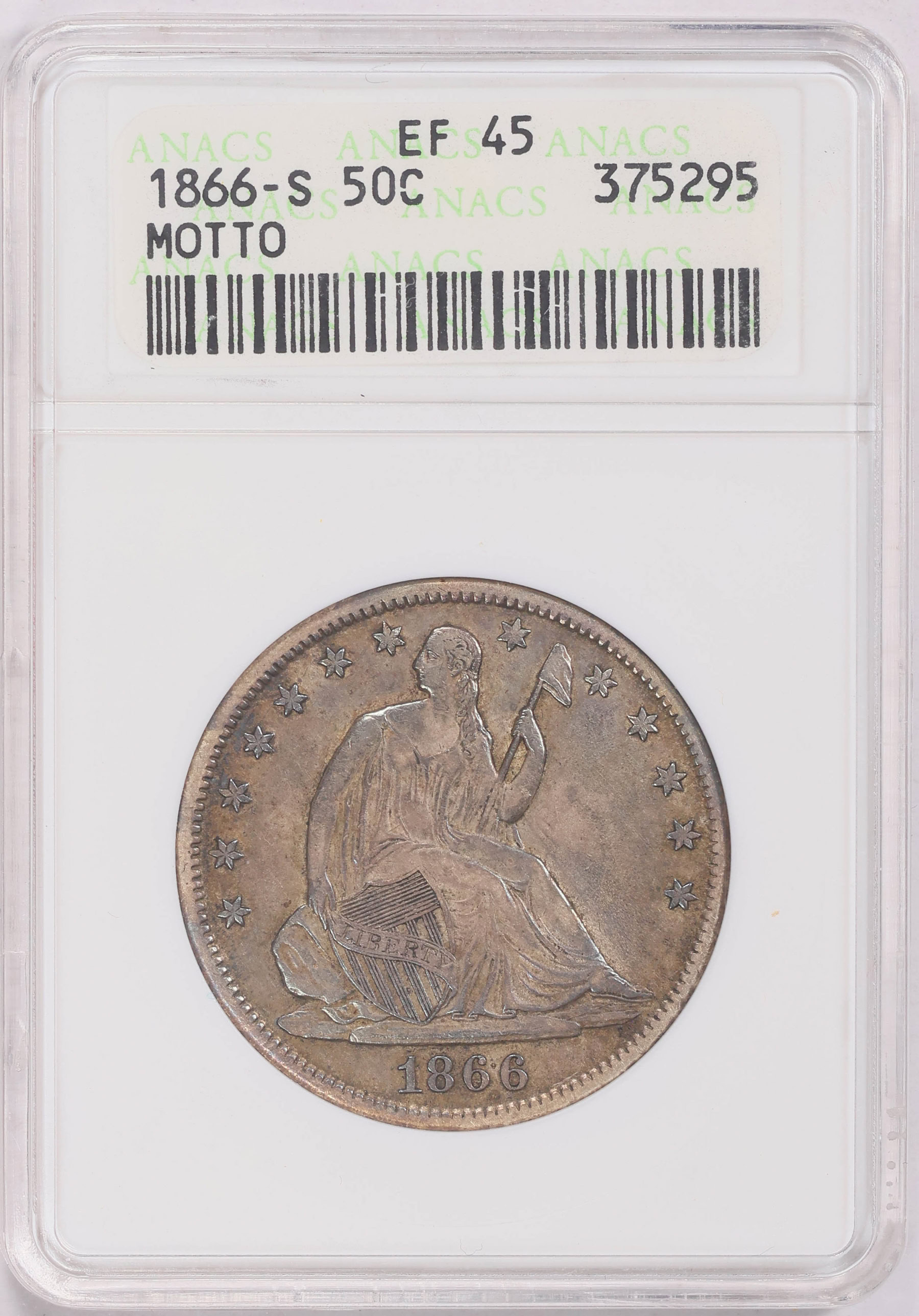 1866-S Seated Liberty Half Dollar Motto ANACS XF-45 OH (Item 1837768) | GreatCollections Coin ...